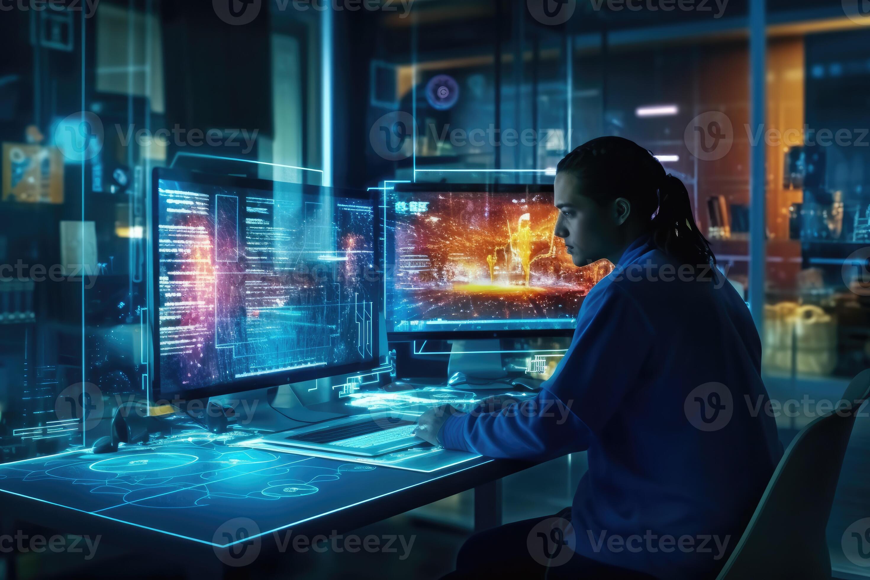 A photo of a person using a holographic display to interact with digital content in a futuristic ...