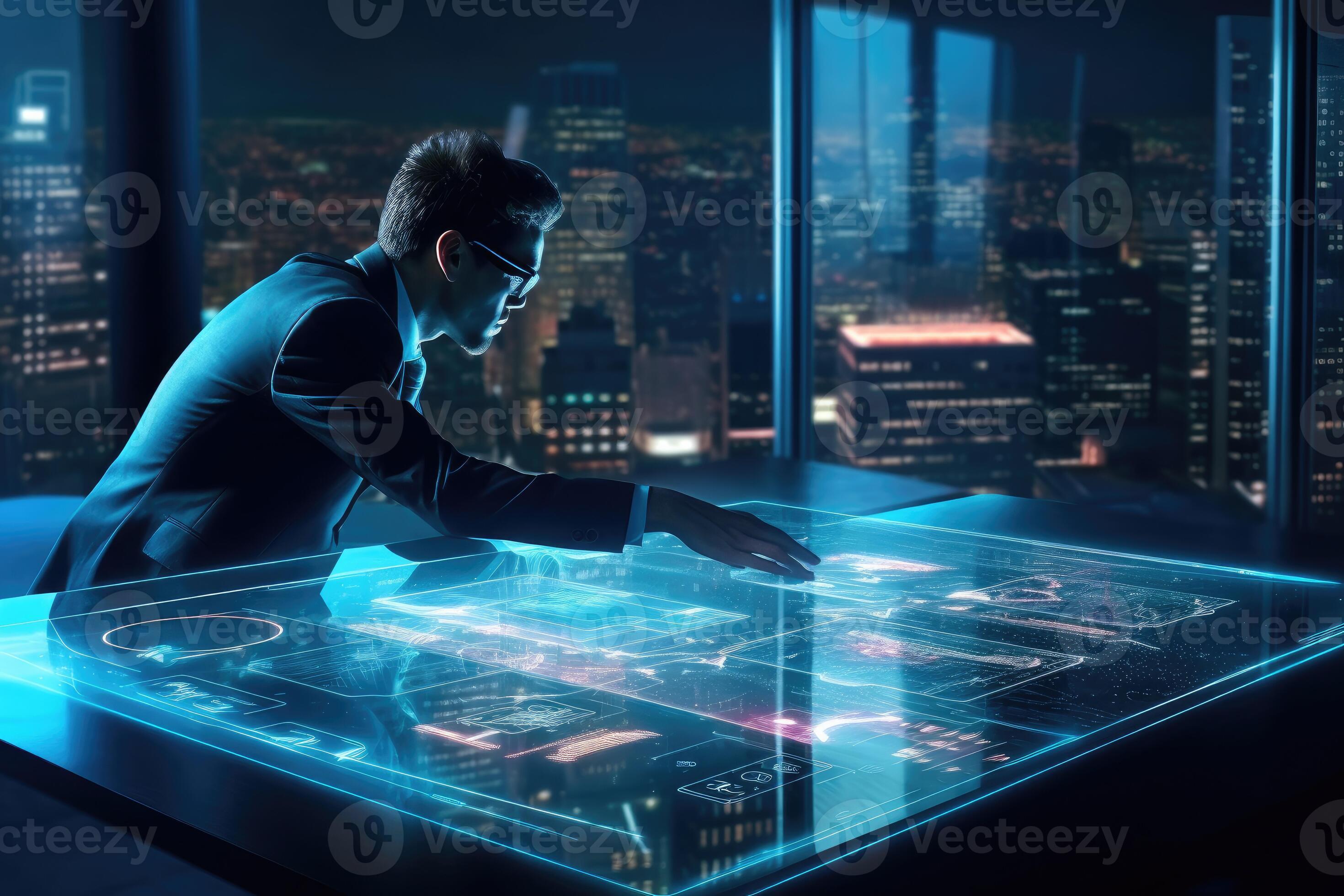 A photo of a person using a holographic display to interact with digital content in a futuristic ...