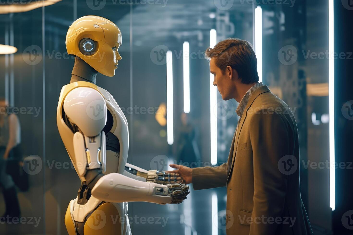 Photo of a person interacting with a humanoid robot in a futuristic setting. 26806007 Stock ...