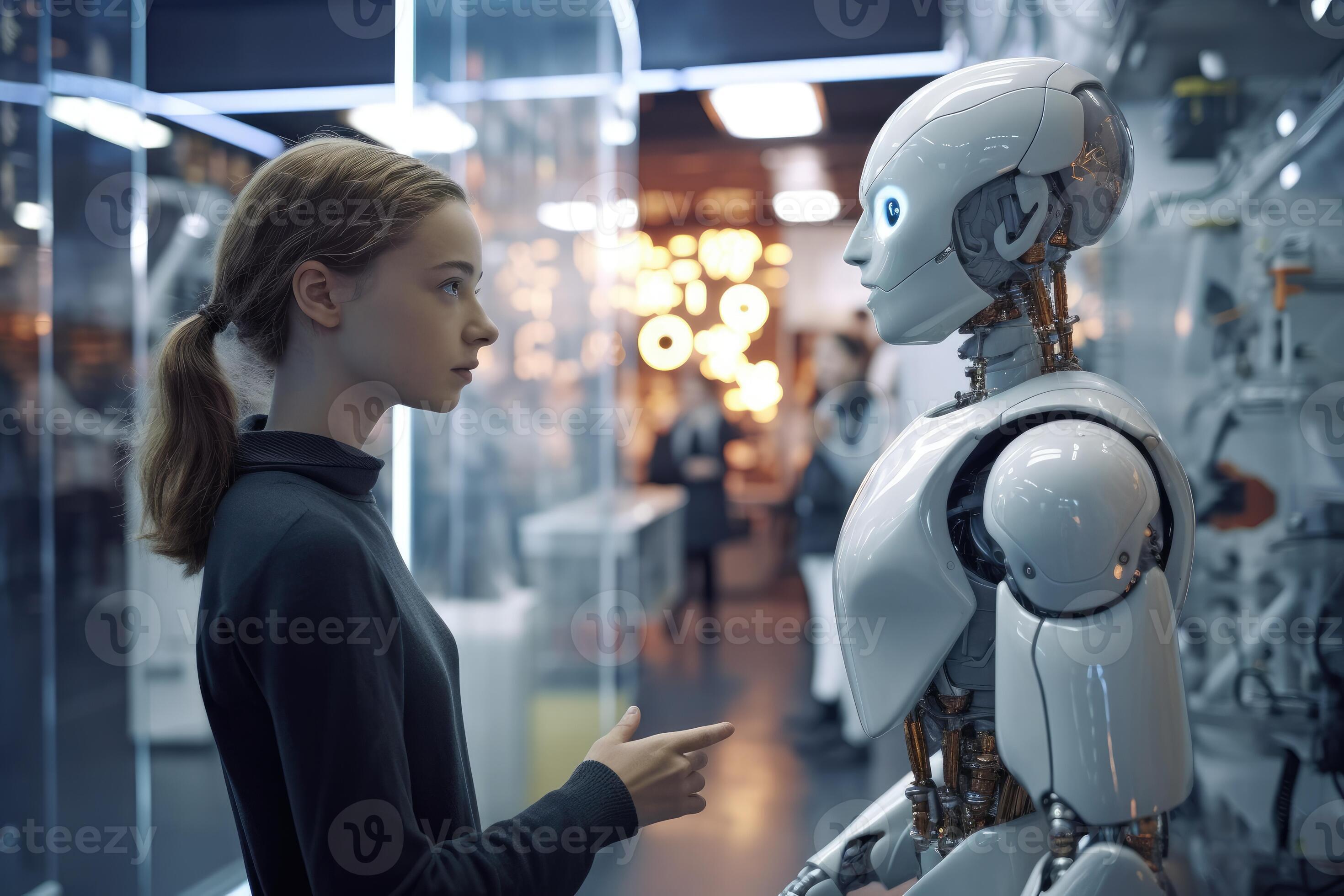 Photo of a person interacting with a humanoid robot in a futuristic ...