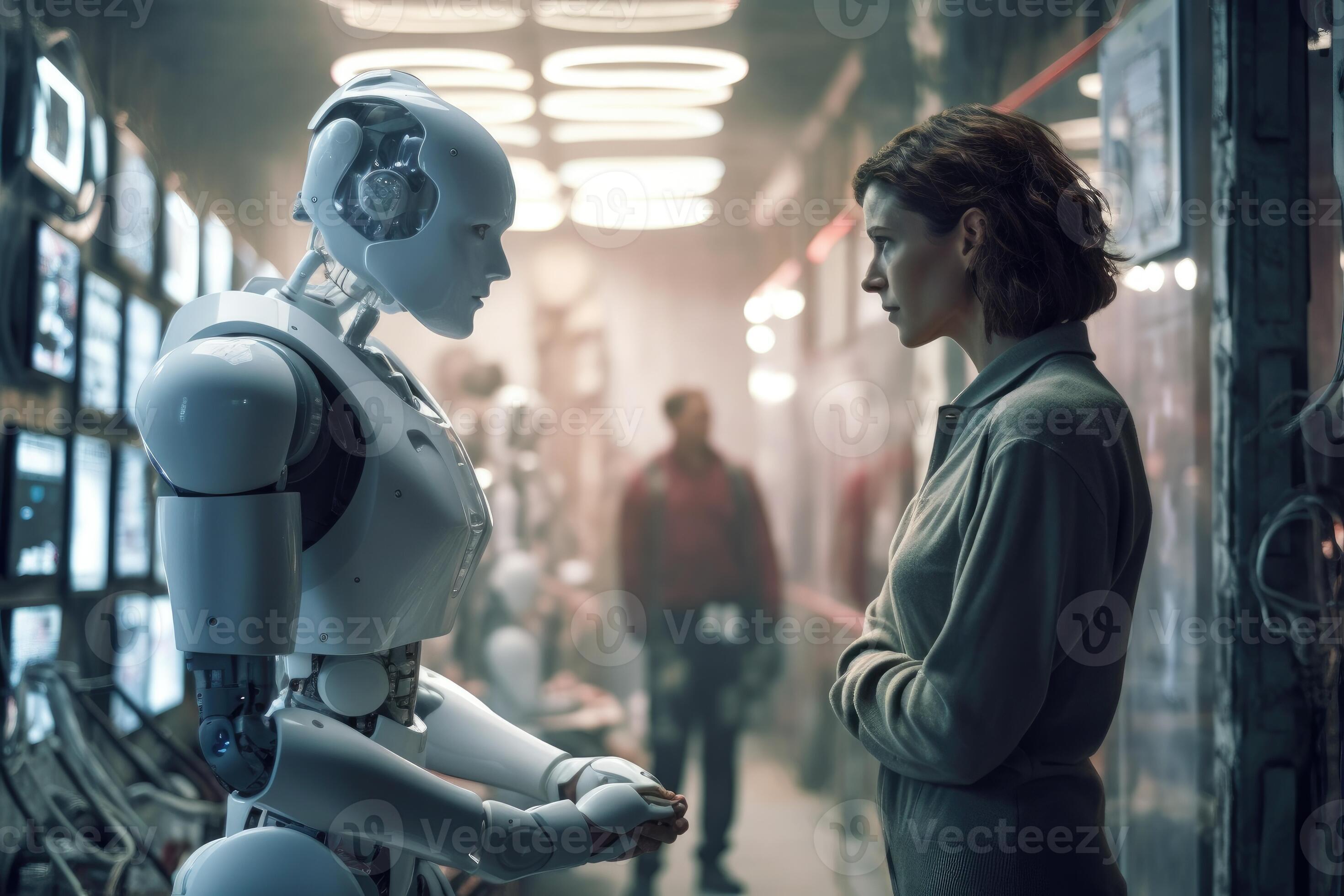 Photo of a person interacting with a humanoid robot in a futuristic setting. Generative AI ...