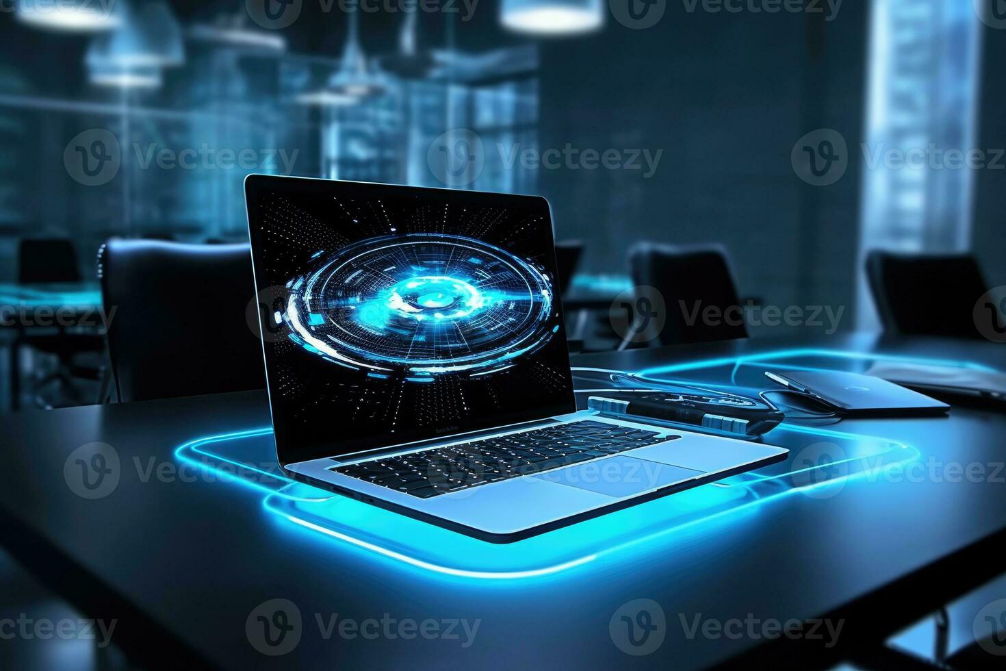 A striking image of cutting edge technology in a business setting, such ...