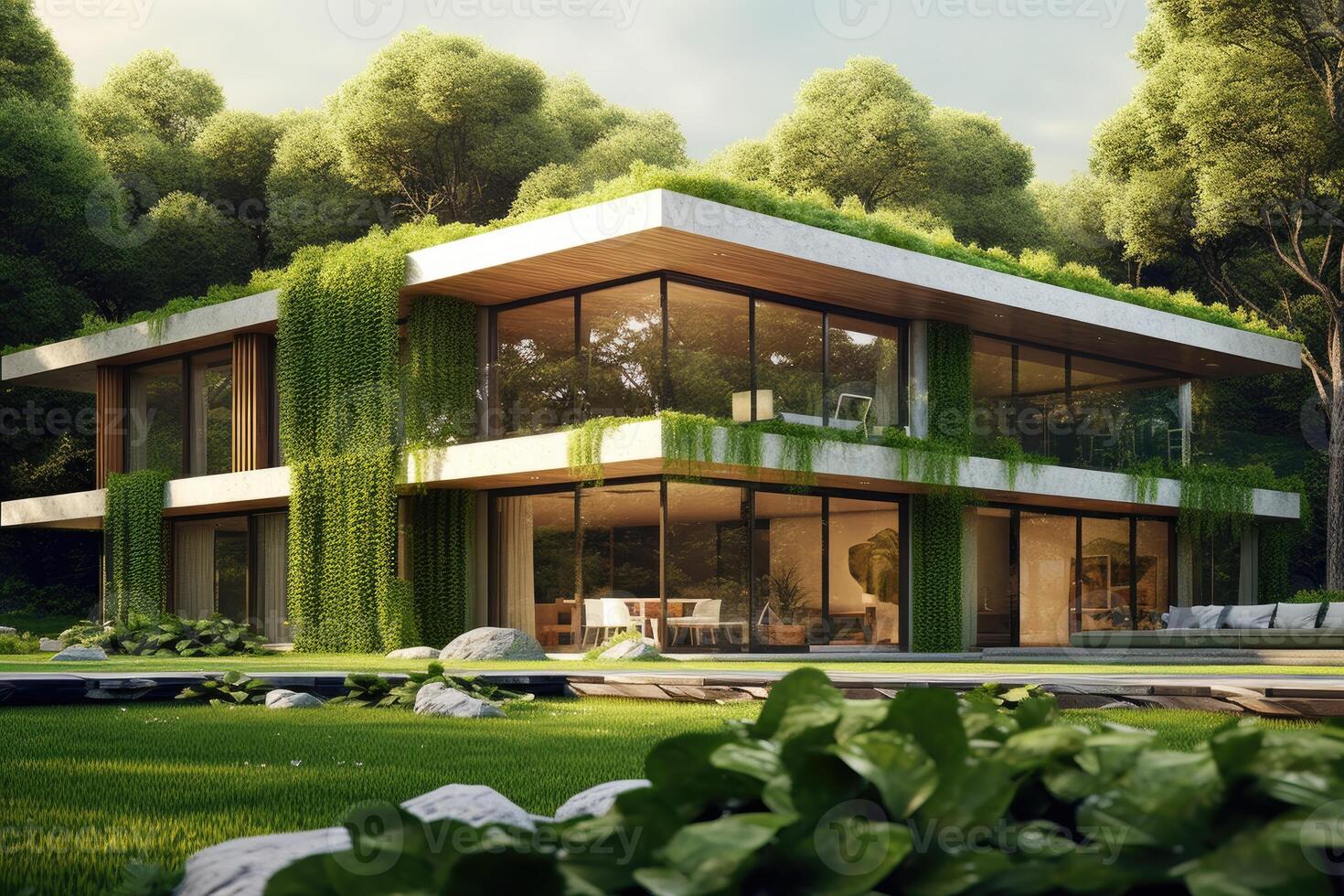 Eco - friendly house with a modern design and a strong emphasis on sustainability. 3D render ...