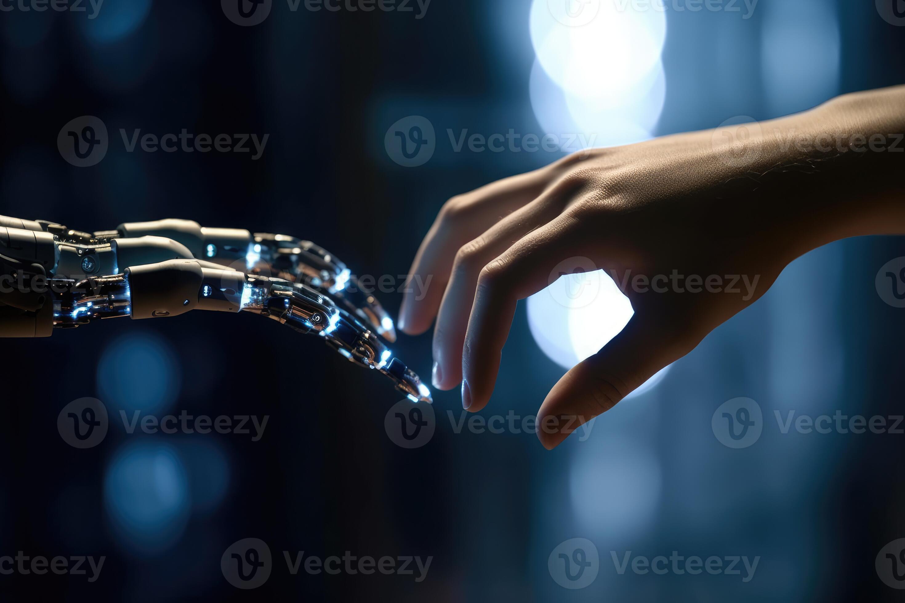A human hand is reaching out to touch a robotic one. 26808638 Stock Photo at Vecteezy