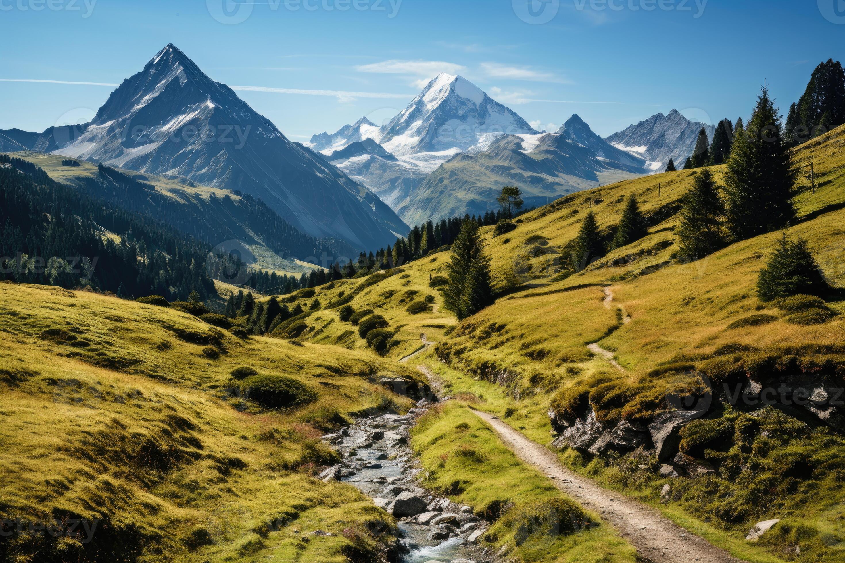 Breathtaking Swiss Alps vista with crisp white peaks and lush valleys ...