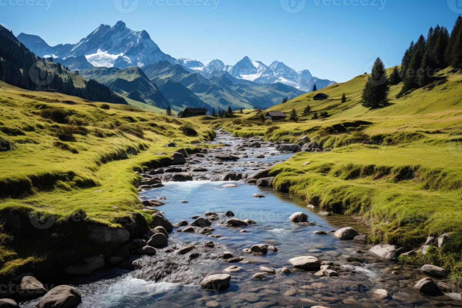 Breathtaking Swiss Alps vista with crisp white peaks and lush valleys ...