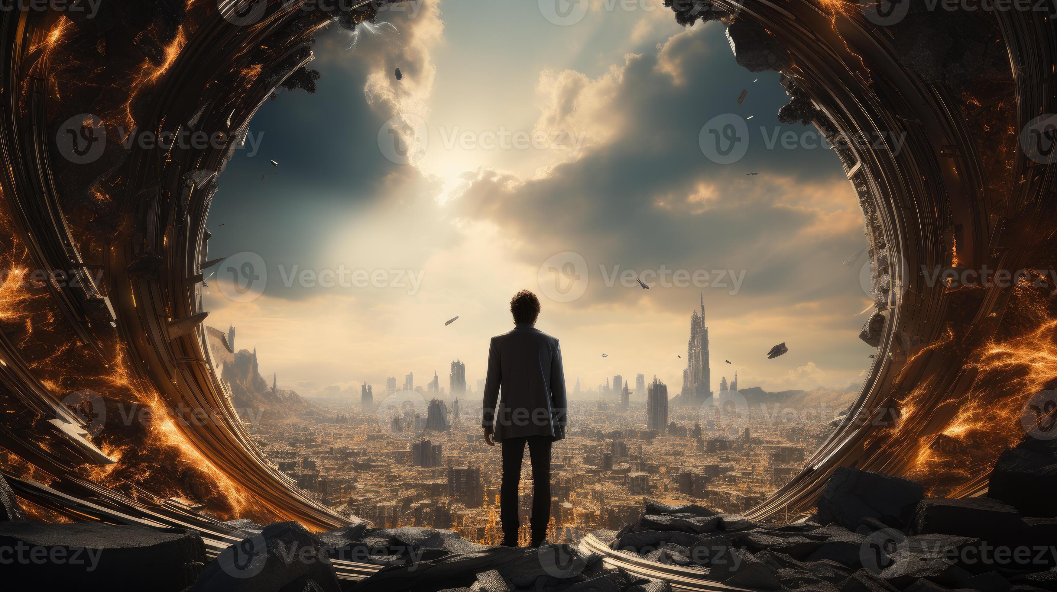 Man stepping through a portal into a city in the clouds. 26809399 Stock ...