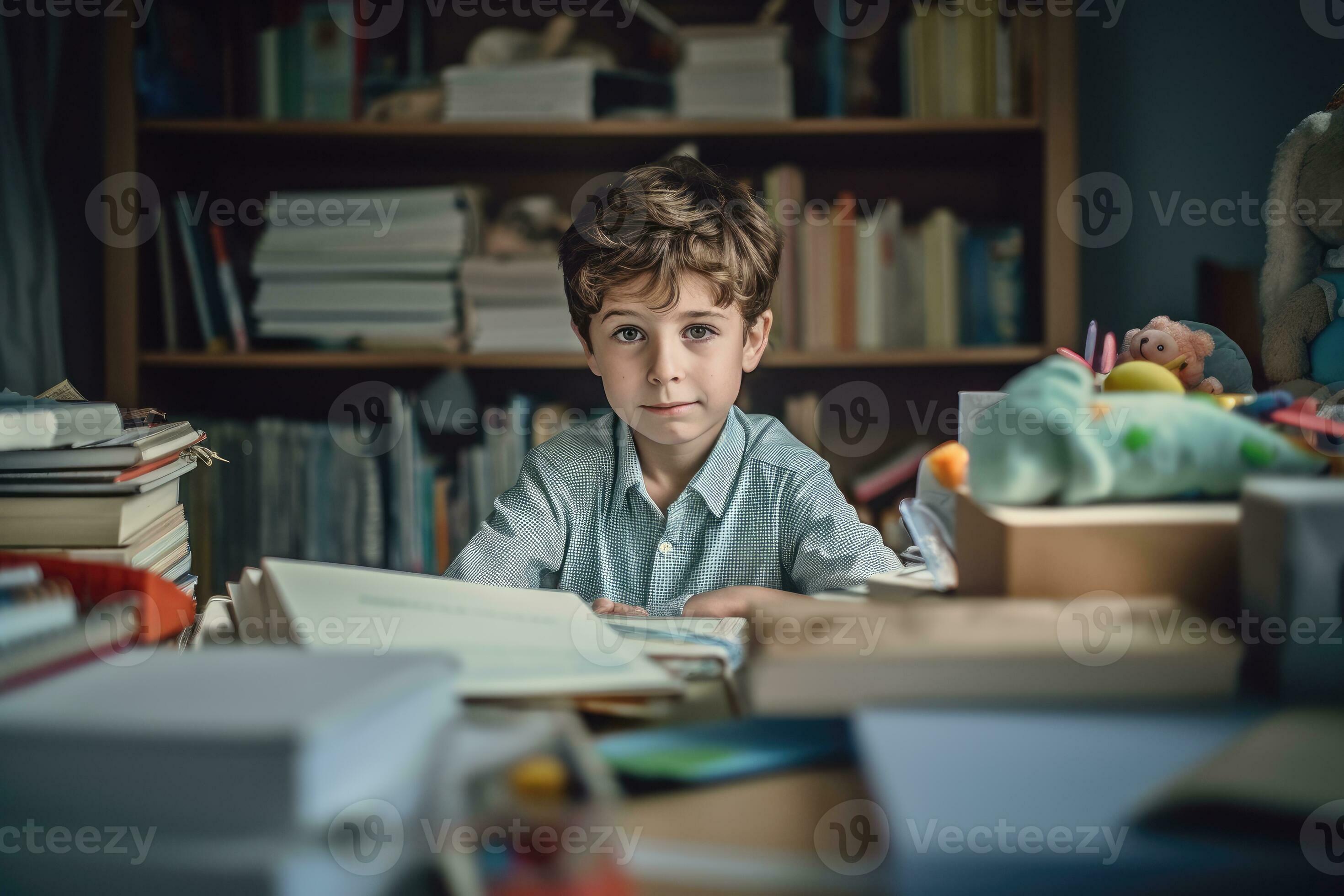 An engaging candid shot of a boy sitting at his new desk, eagerly ... An engaging candid shot of a boy sitting at his new desk, eagerly ...