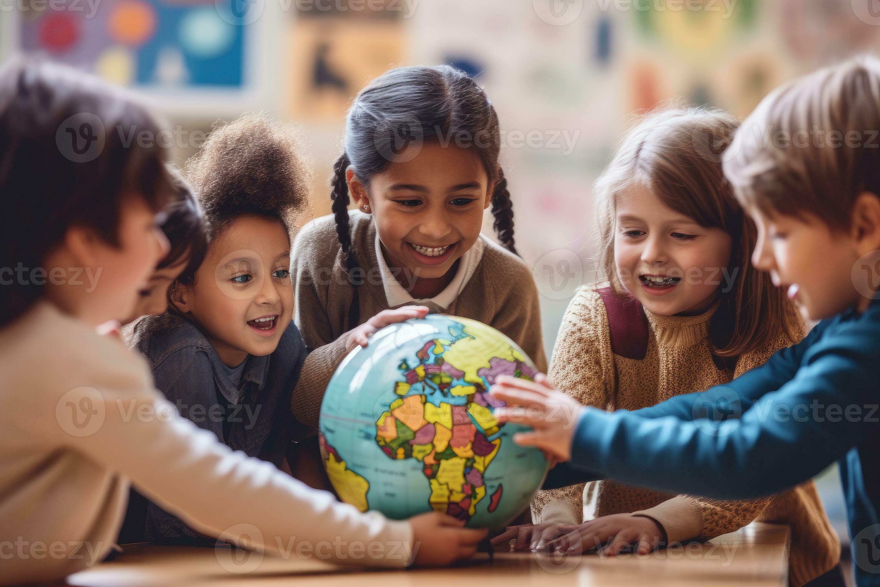 An engaging photo of a diverse group of students exploring a globe in a ...
