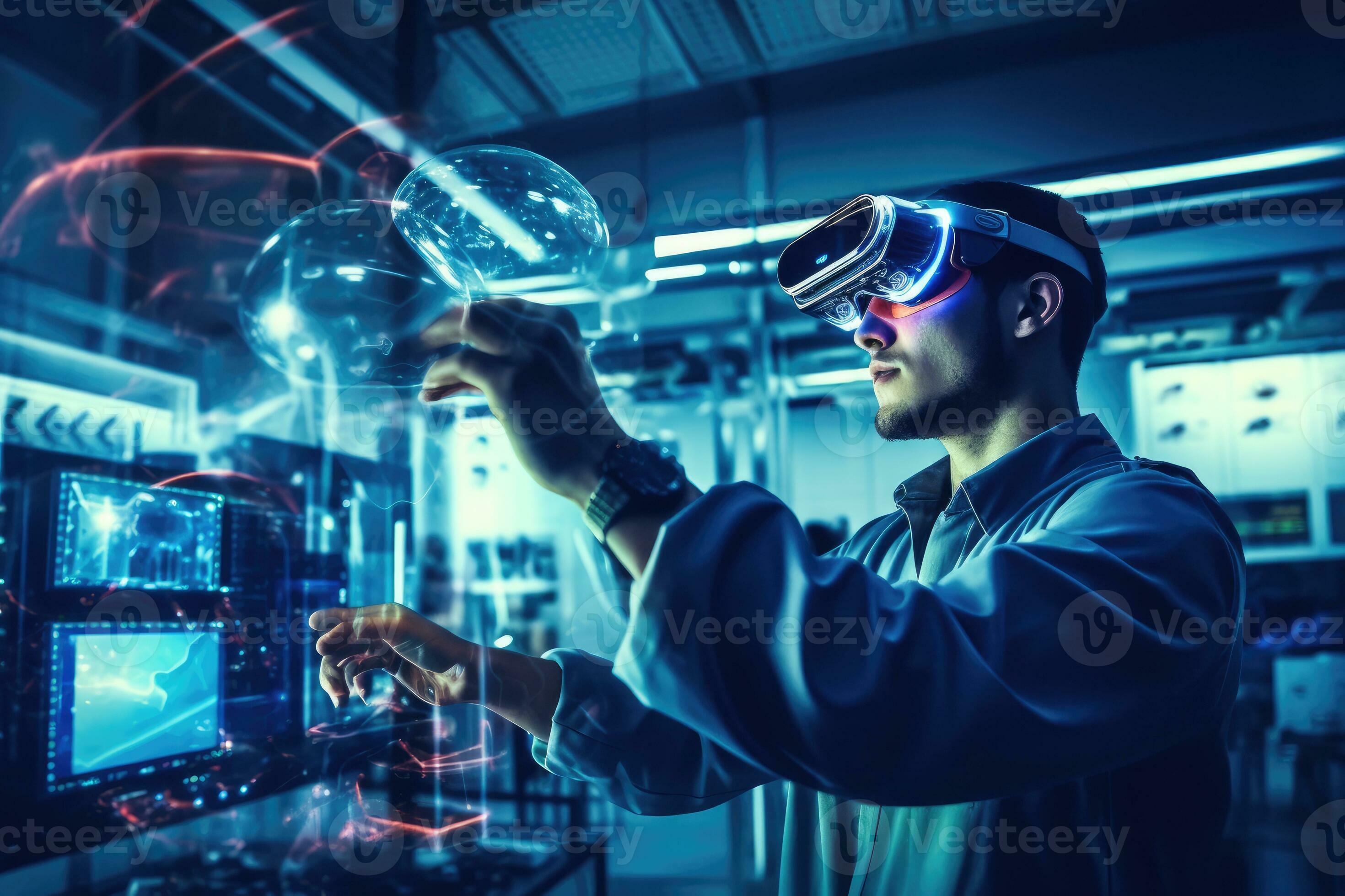 A man in a sleek, hi - tech lab manipulating a virtual reality ...