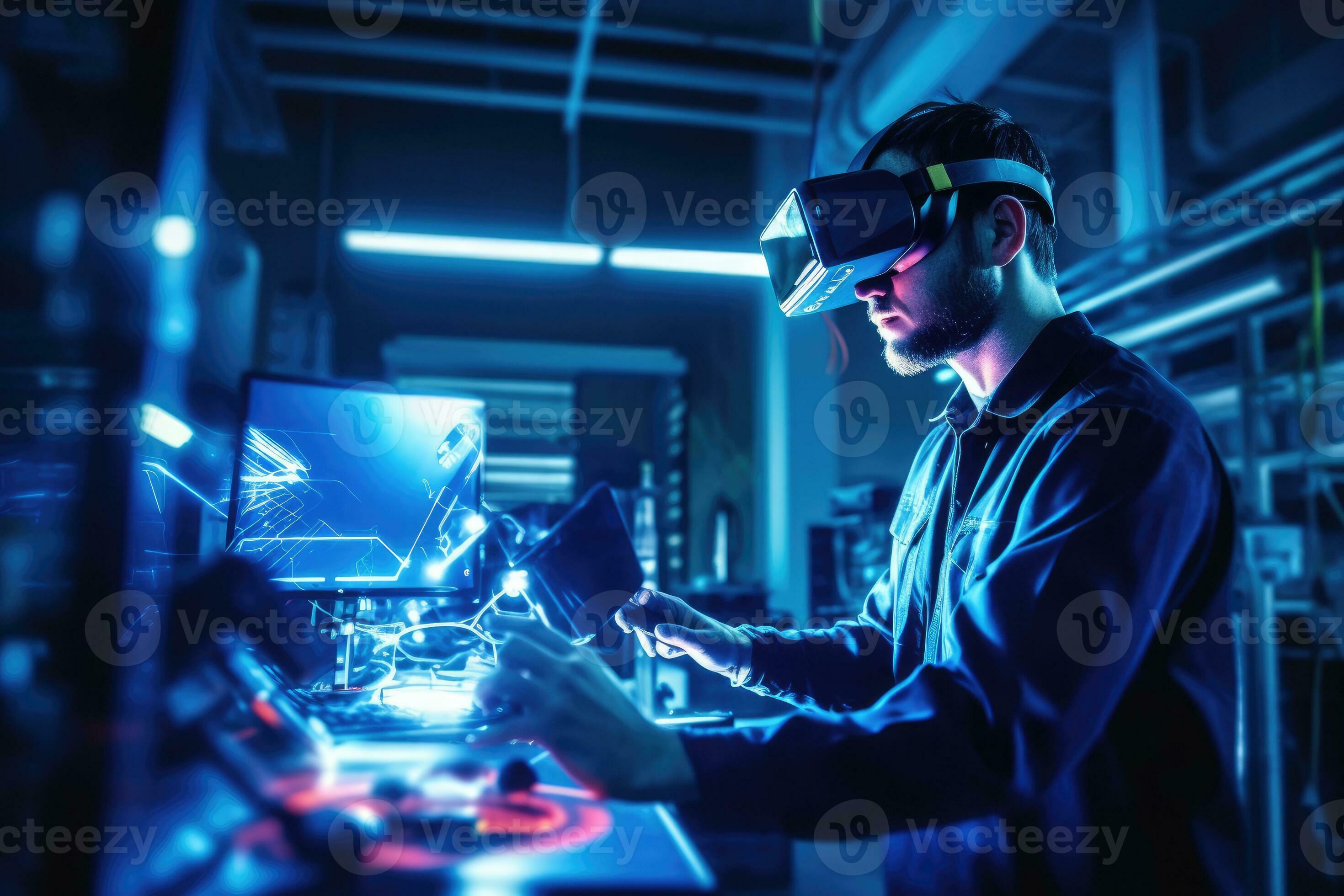 A man in a sleek, hi - tech lab manipulating a virtual reality ...
