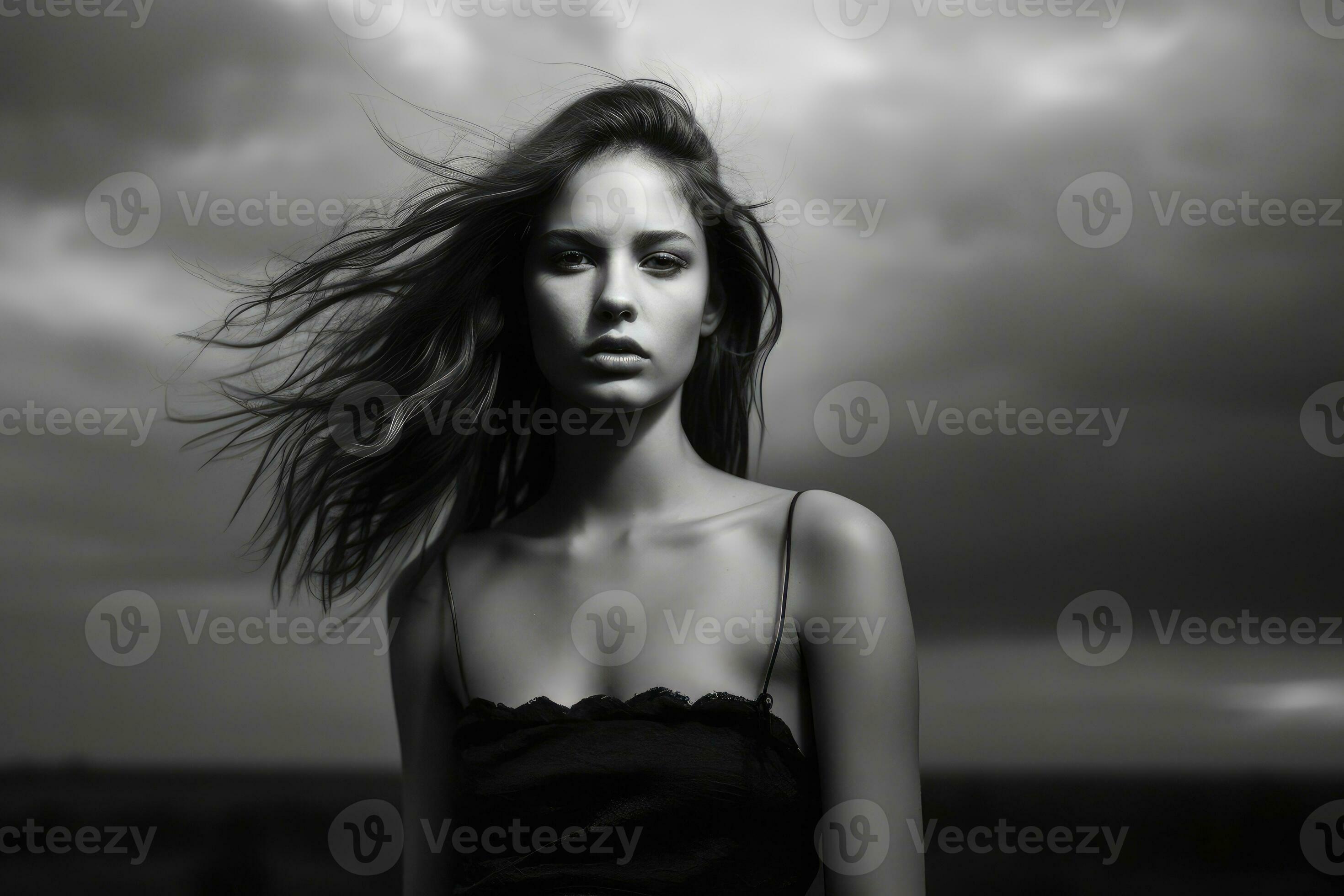 A Dramatic Black And White Female Model Portrait That Evokes A Sense Of