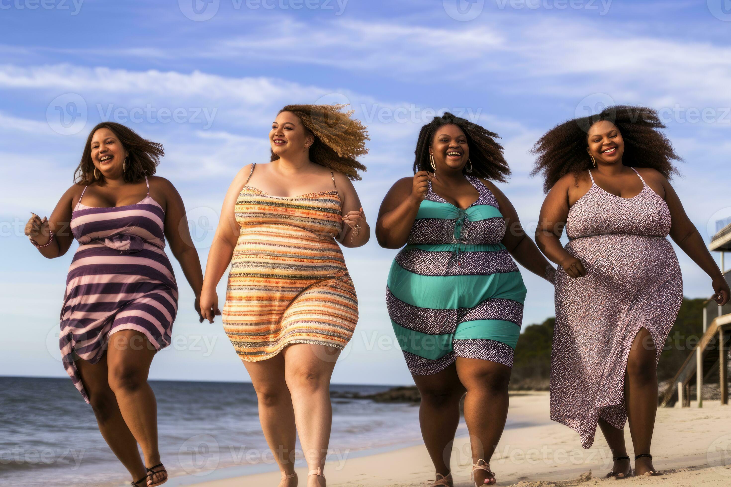 A Group Photo Of Diverse Plus Size Women In Stylish Swimsuits Enjoying A Day At The Beach