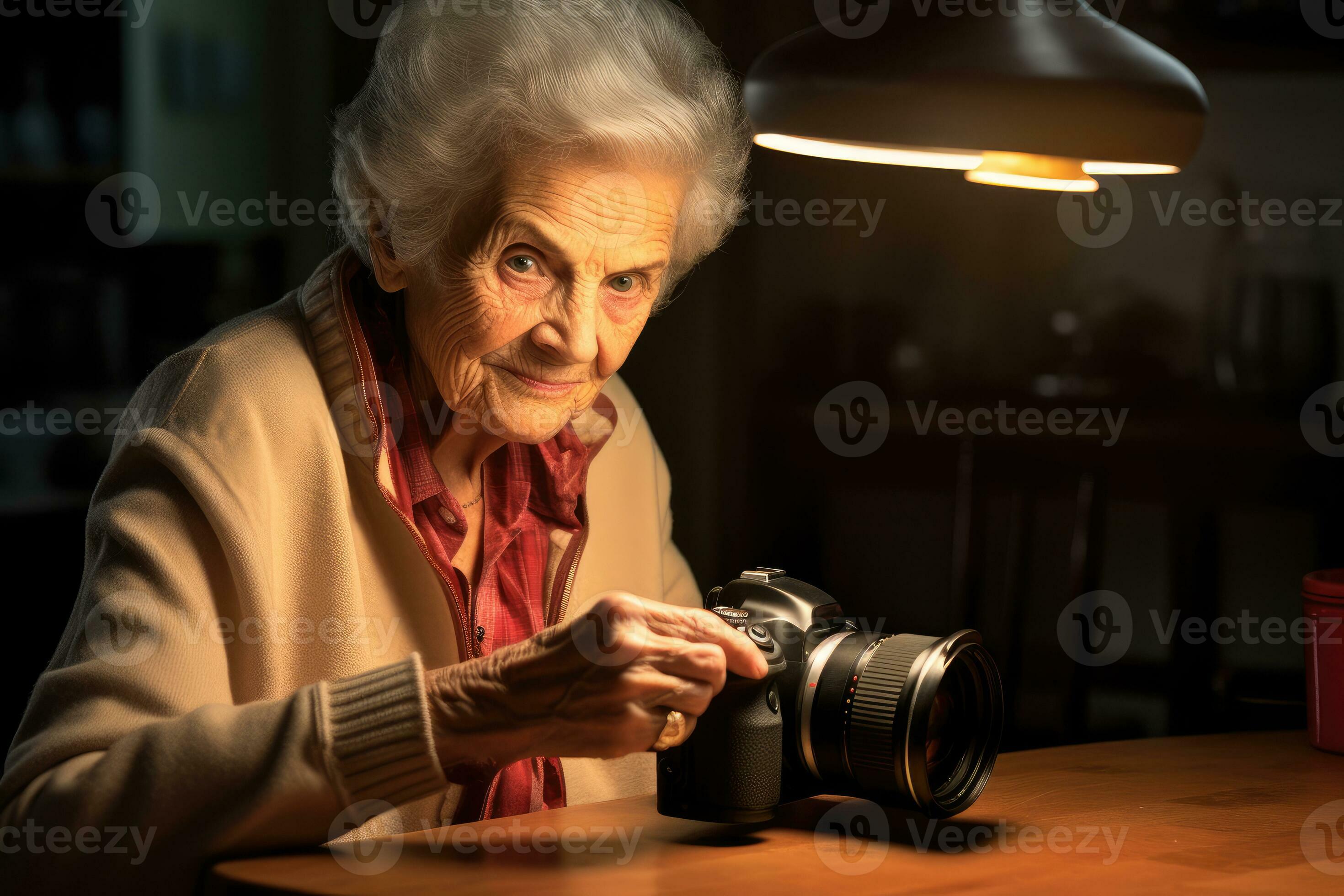 An elderly woman using a camera and a photography hobby, demonstrating ...