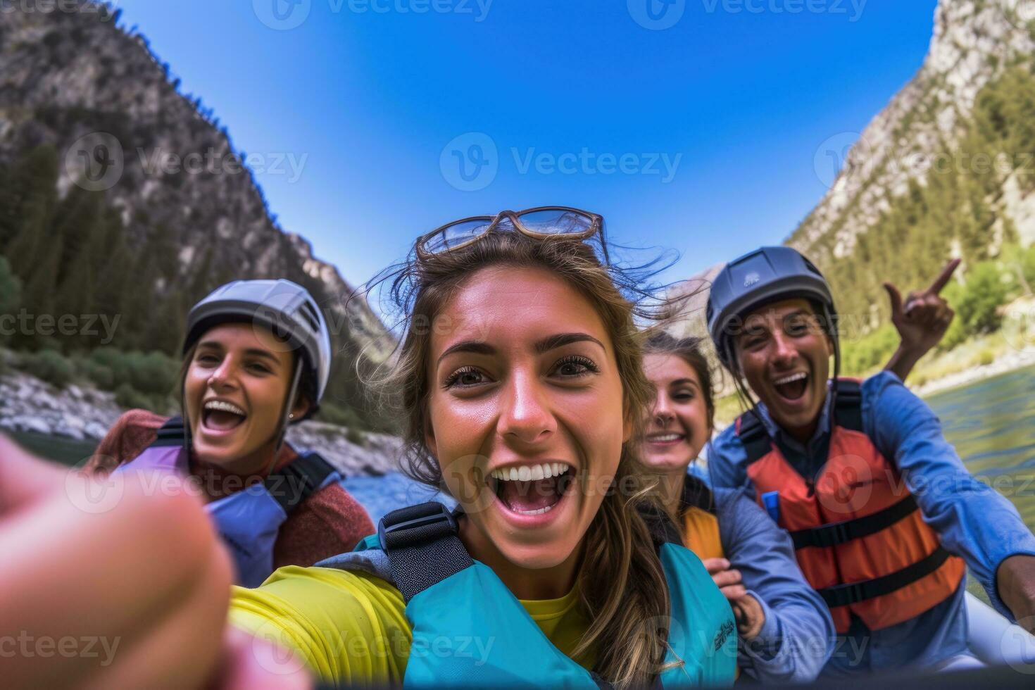 A close - up shot of a group of friends engaged in kayaking or rafting on a fast - flowing river ...