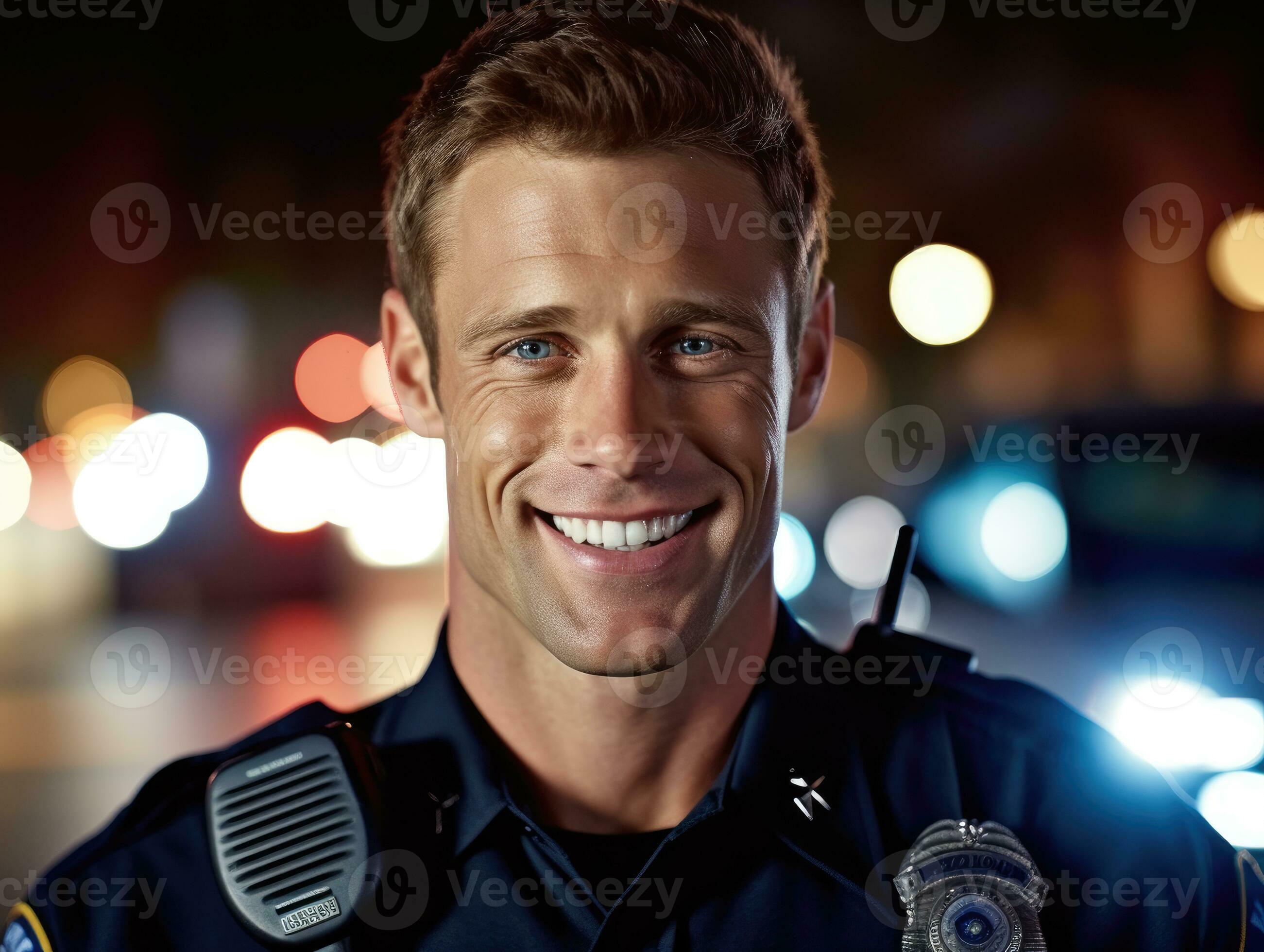 A Close Up Shot Of A Smiling Caucasian Male Police Officer Standing
