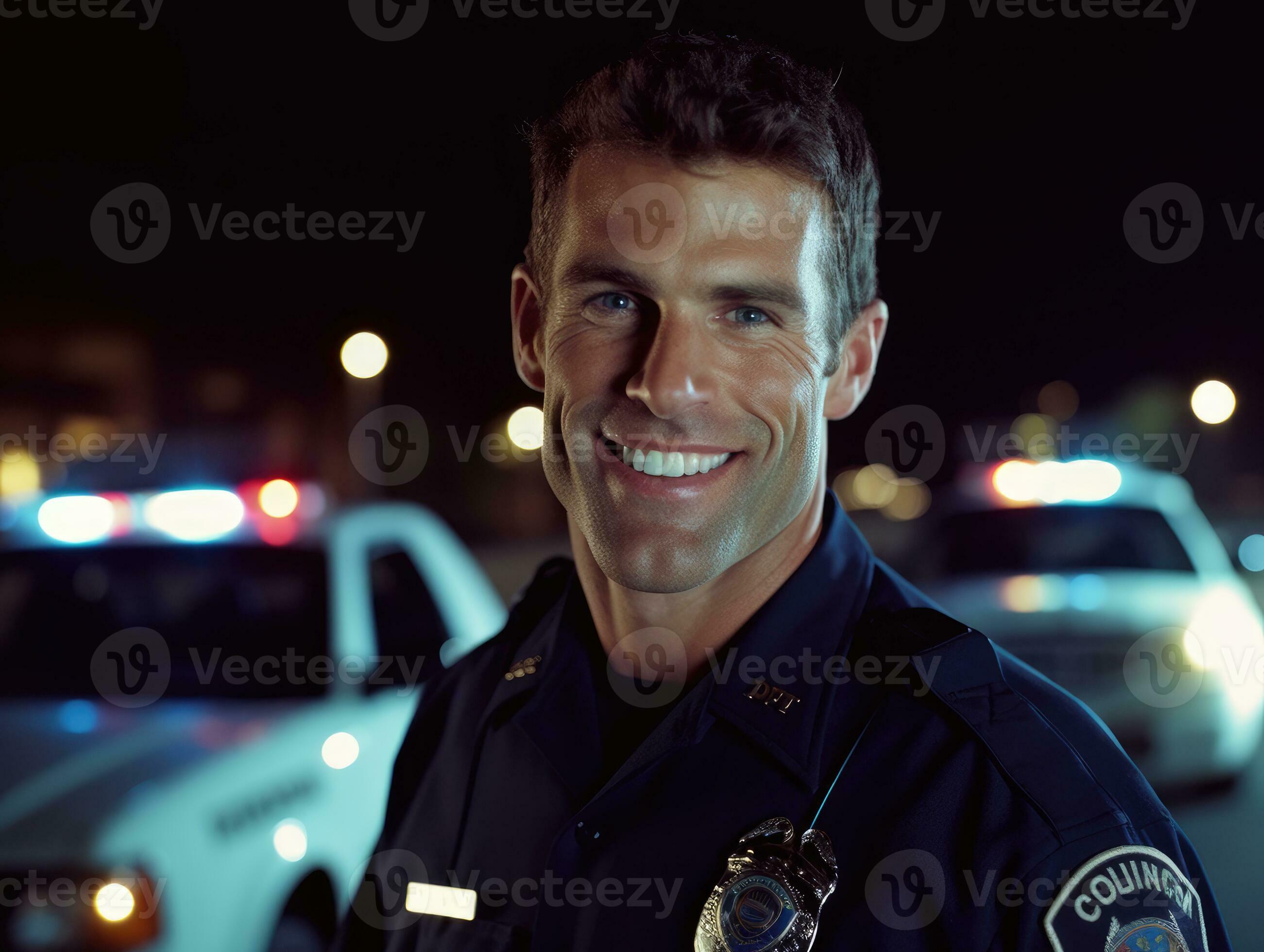 A Close Up Shot Of A Smiling Caucasian Male Police Officer Standing
