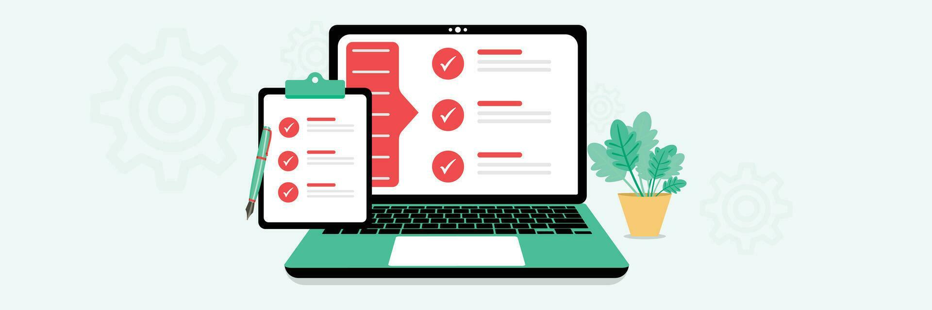 Computer laptop with checklist and pen. Task management concept. To do ...
