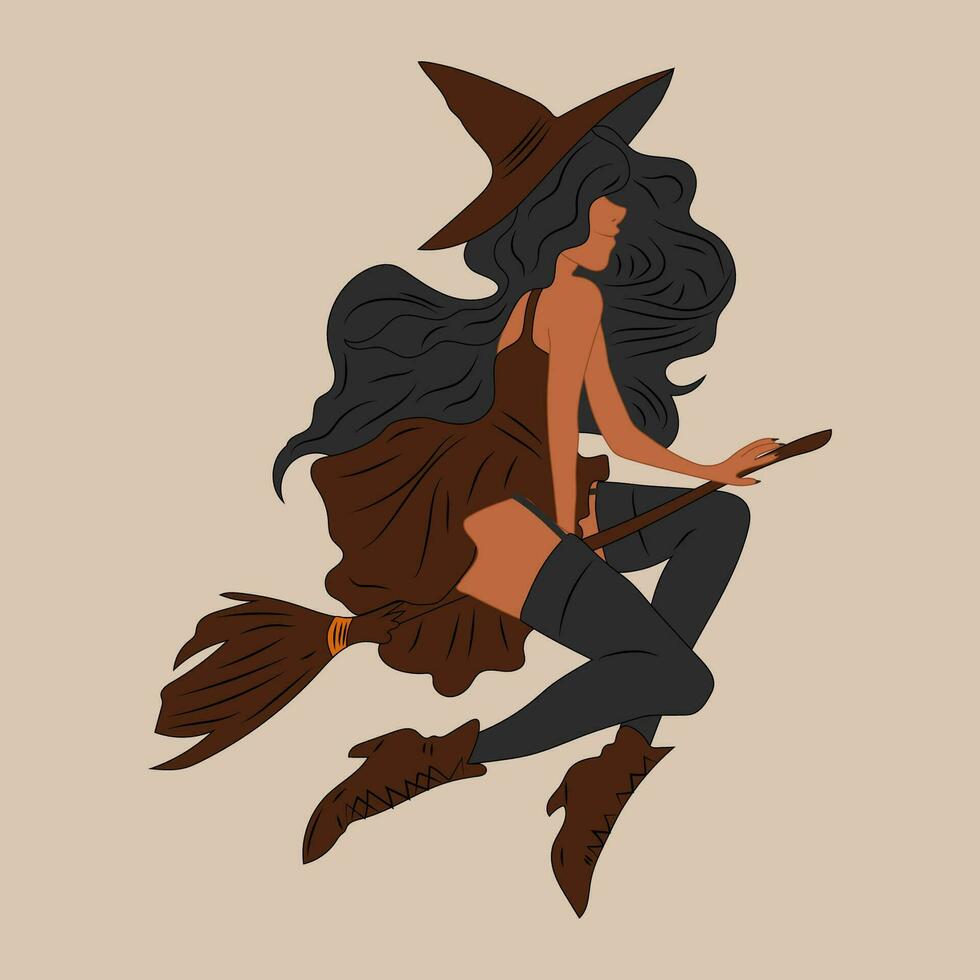 Witch Cute Ladies Pin Up Retro Style Halloween Costume Concept Hand Drawn Modern Vector