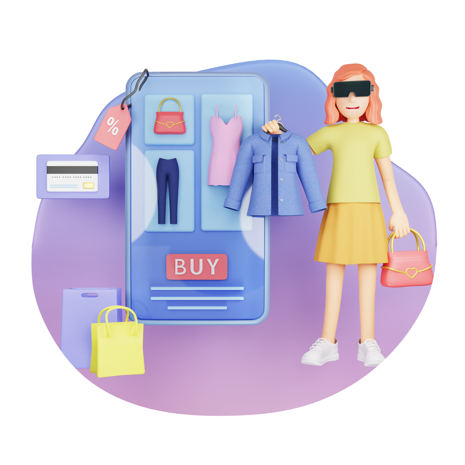 Technology And E Commerce Concept 3d Cartoon Character Of A Woman Using Vr Glasses To Select
