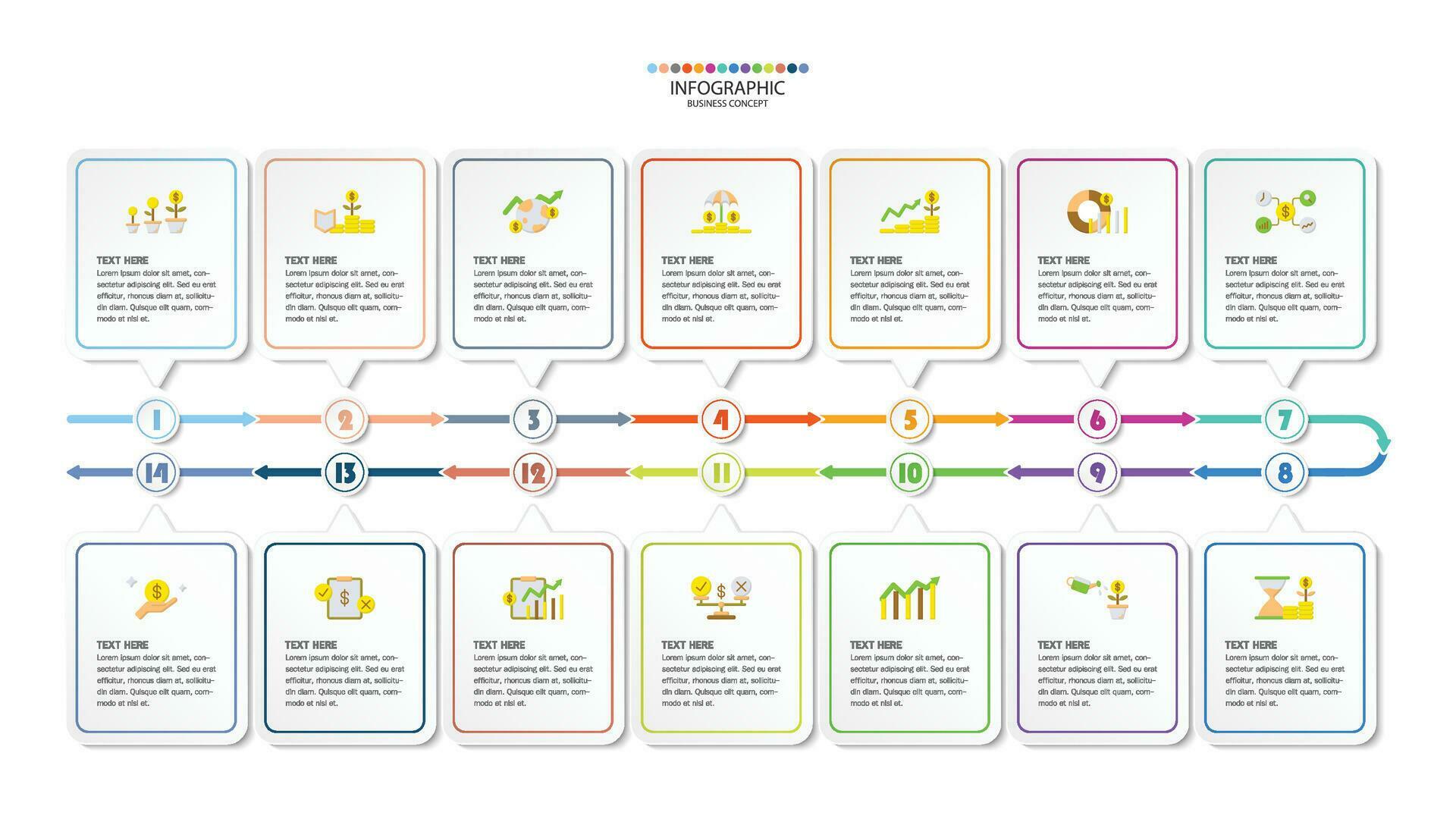 Infographic process design with icons and 14 options or steps. 26830872 ...