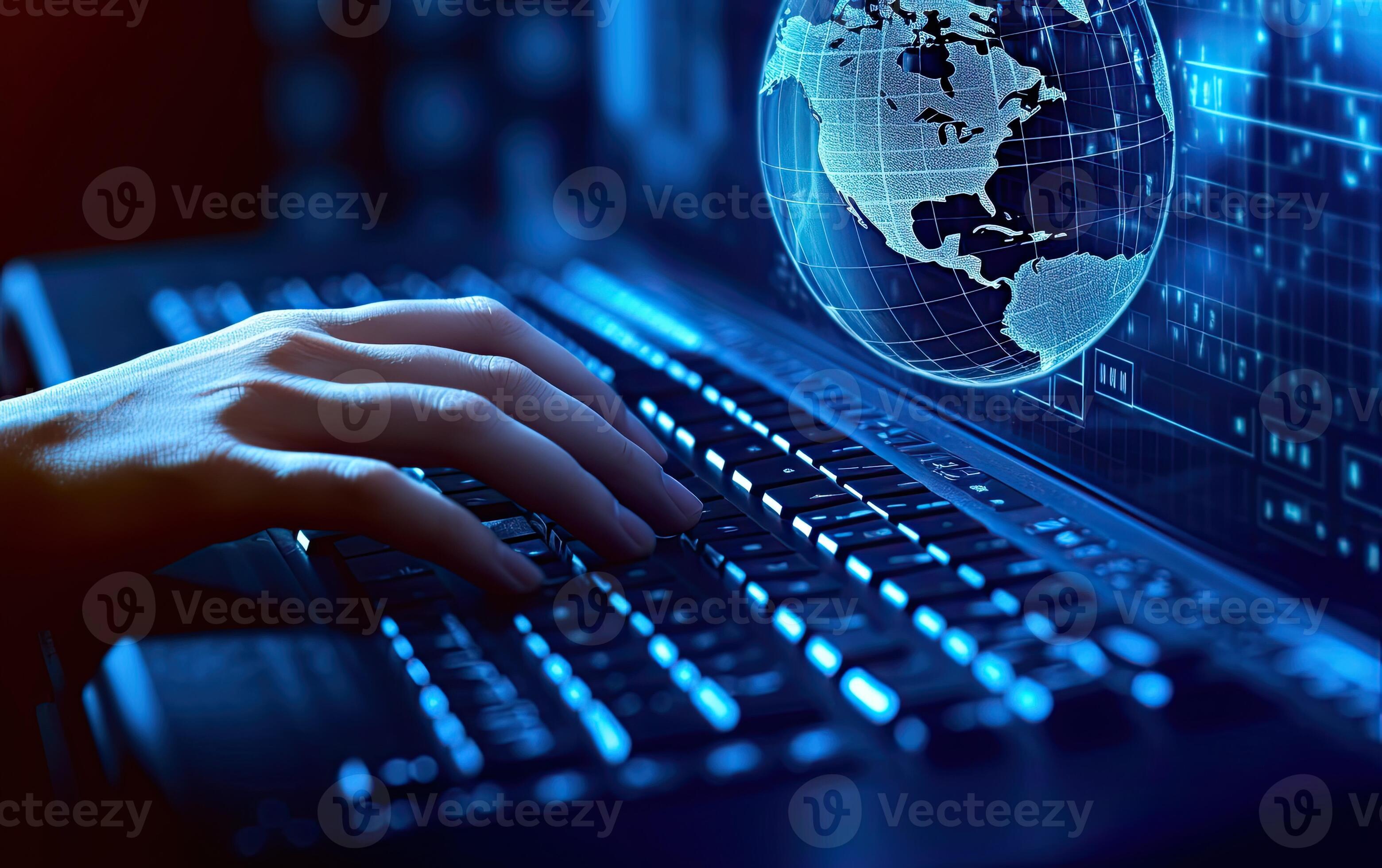 Close Up Of Hacker Hands Typing On Keyboard With Binary Code On