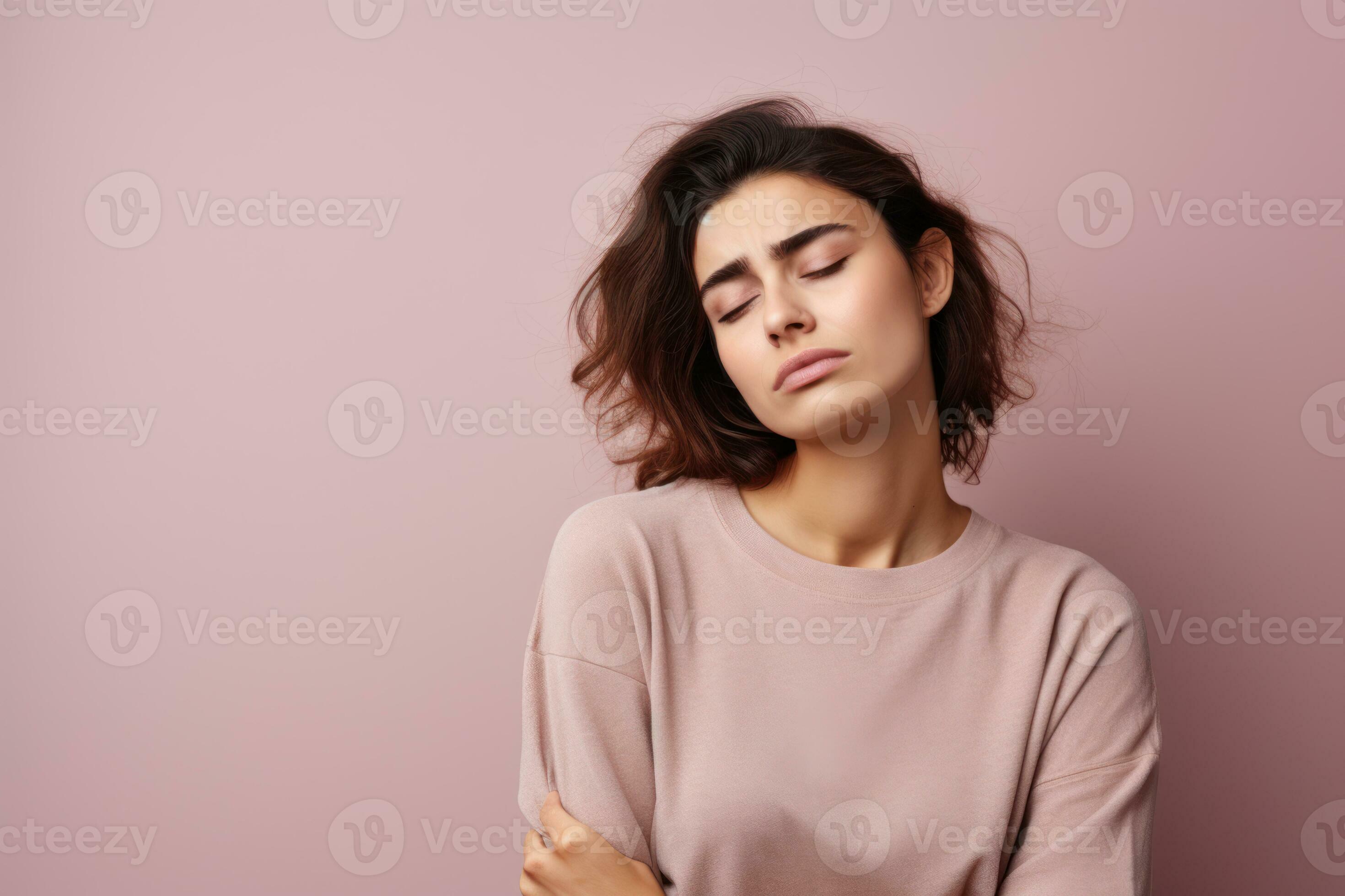 Portrait of stress woman, sadness and tried expression face isolated on studio background. Sad ...