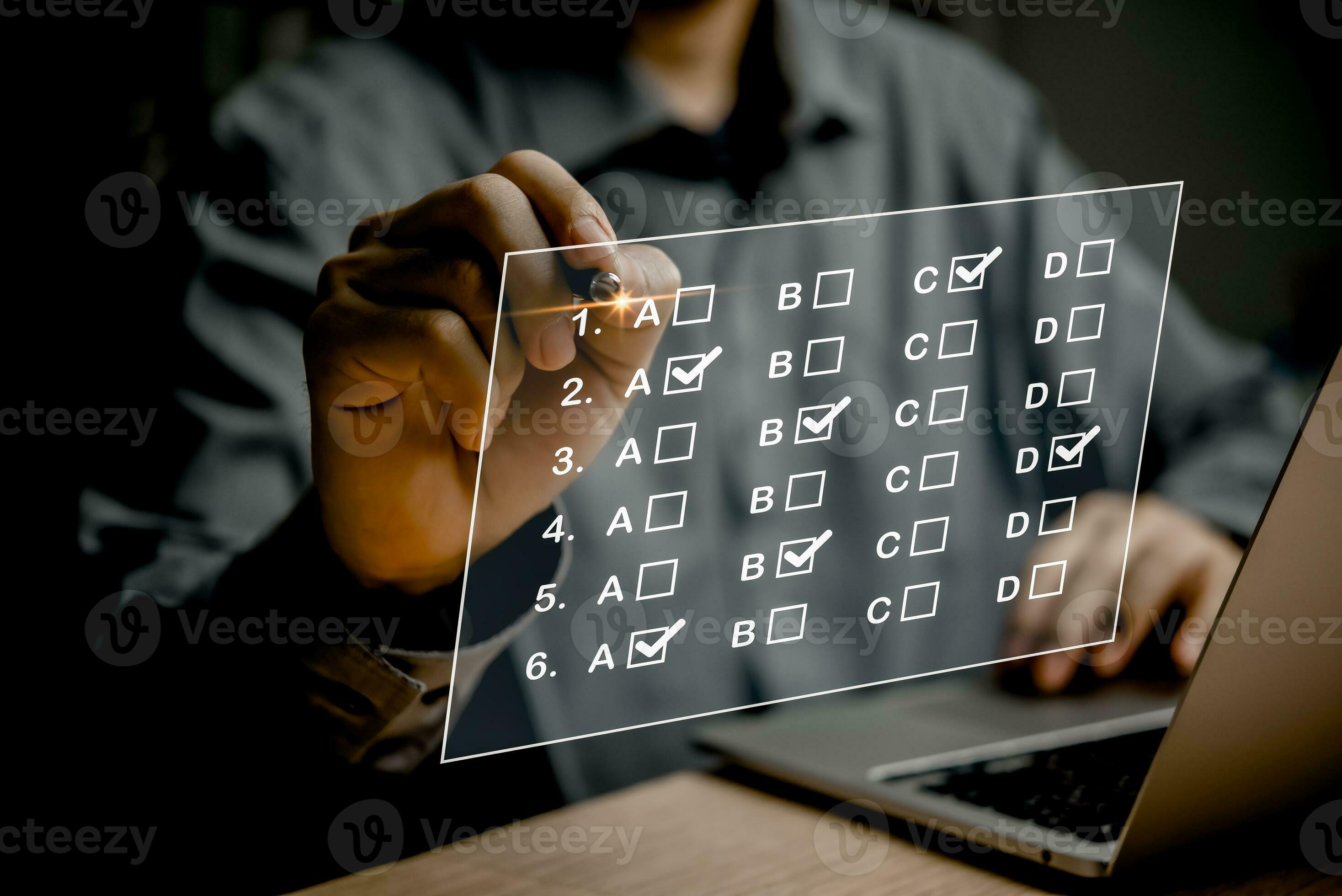 man chooses questionnaire with checkbox, survey form online, answer ...