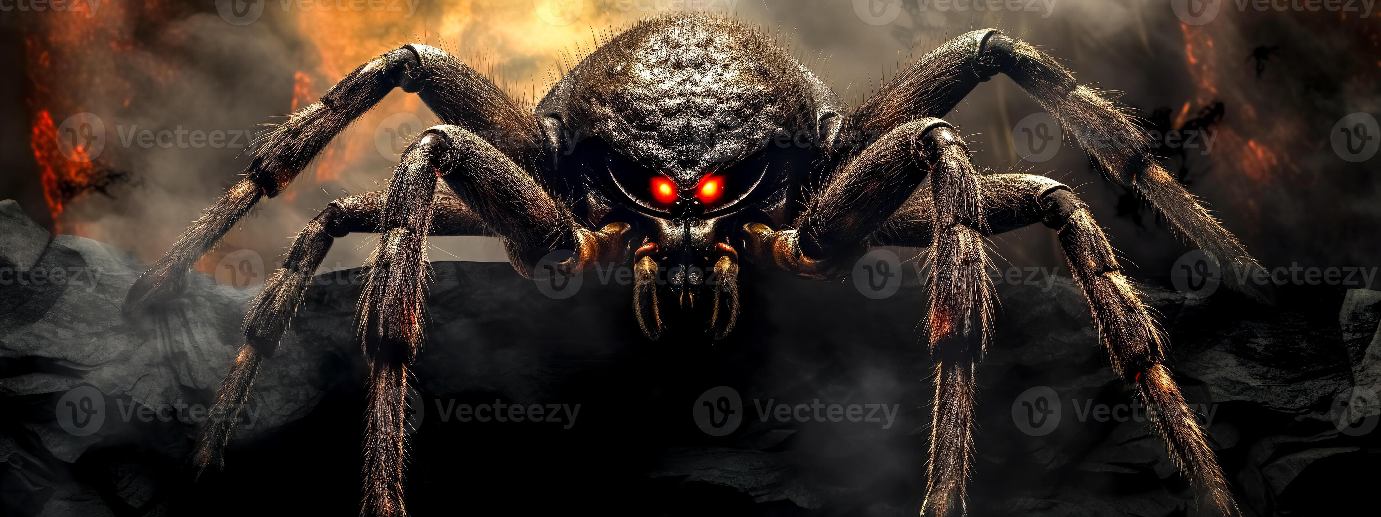 arachnophobia fear of spiders, scary scary monster in the shape of a spider in the forest, made ...