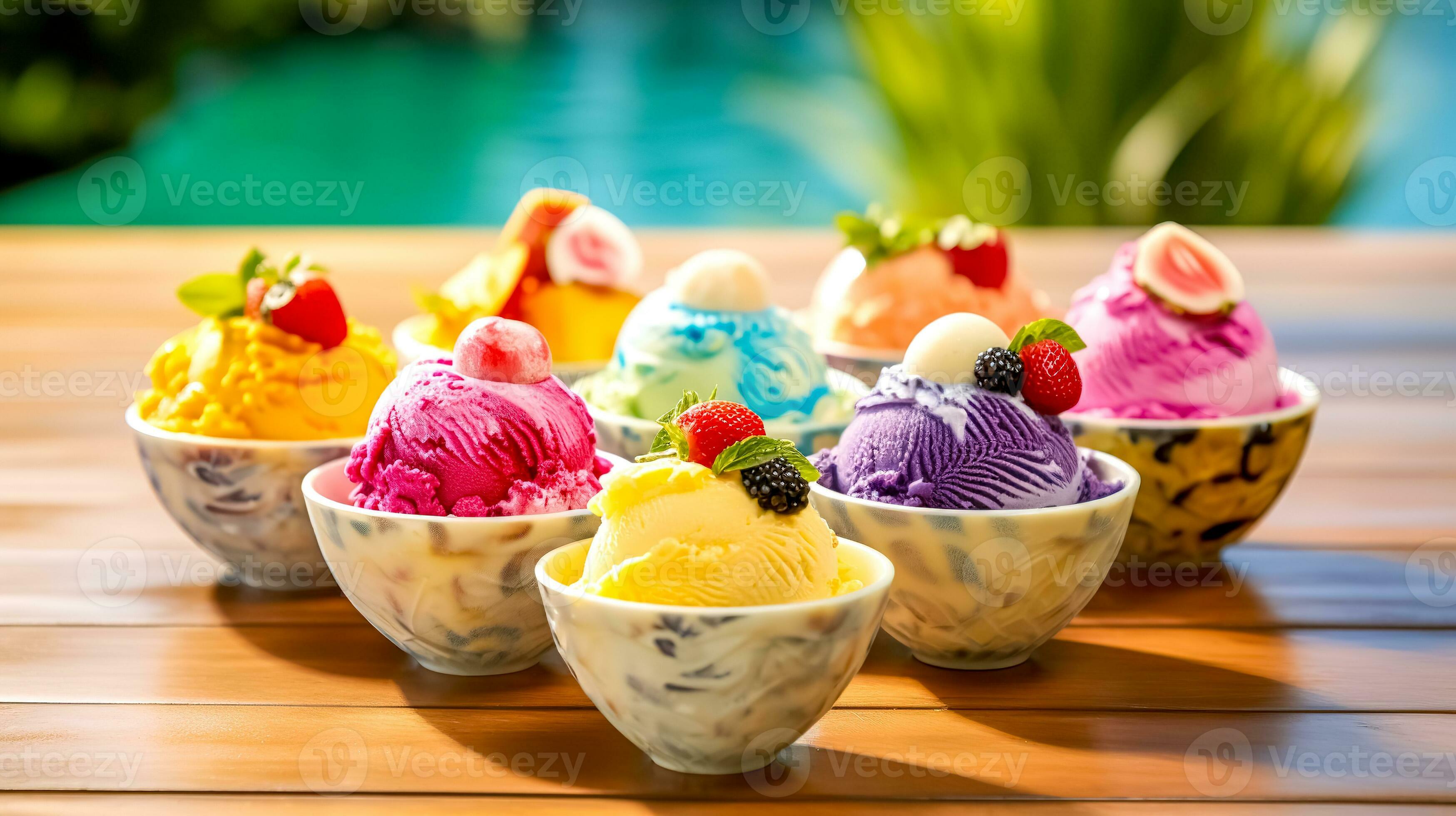 different colors, different types ice cream cups with fruit, made with Generative AI 26846064 ...