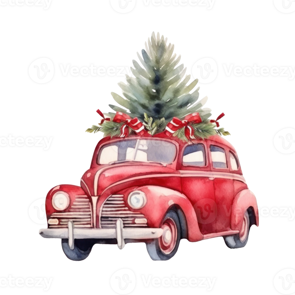 Cute christmas watercolor red retro car with christmas tree lies on it ...