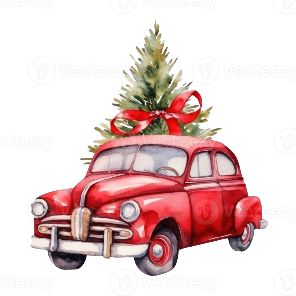 Cute christmas watercolor red retro car with christmas tree lies on it ...