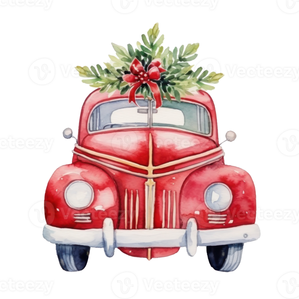 Cute christmas watercolor red retro car with christmas tree lies on it ...