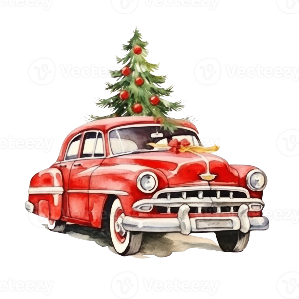Cute christmas watercolor red retro car with christmas tree lies on it ...