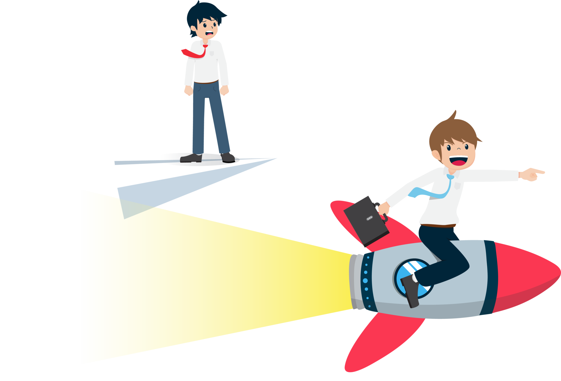 Salary Man Stands On A Paper Plane Is Overtaken By Competitor Sitting Salary Man Stands On A Paper Plane Is Overtaken By Competitor Sitting