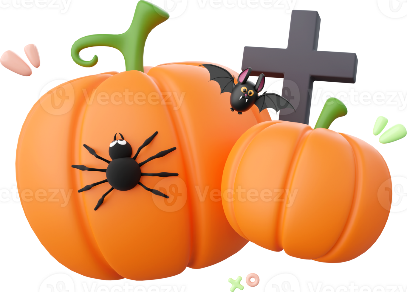 Pumpkin Jack O Lantern With Cute Bat And Spider Halloween Theme