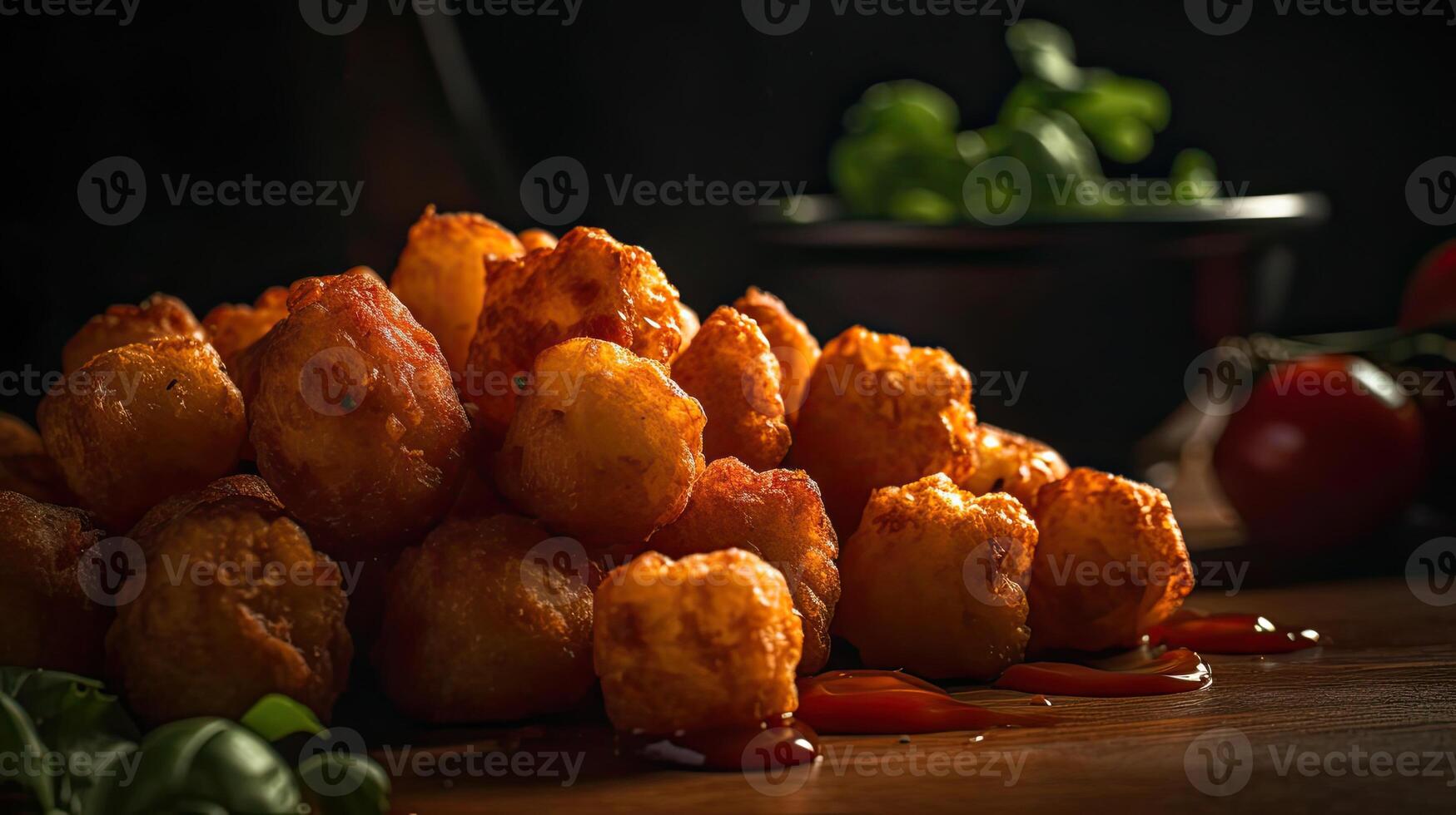 Closeup Crispy Tater Tots With Soy Sauce On A Blur Background Ai Generative 26856710 Stock