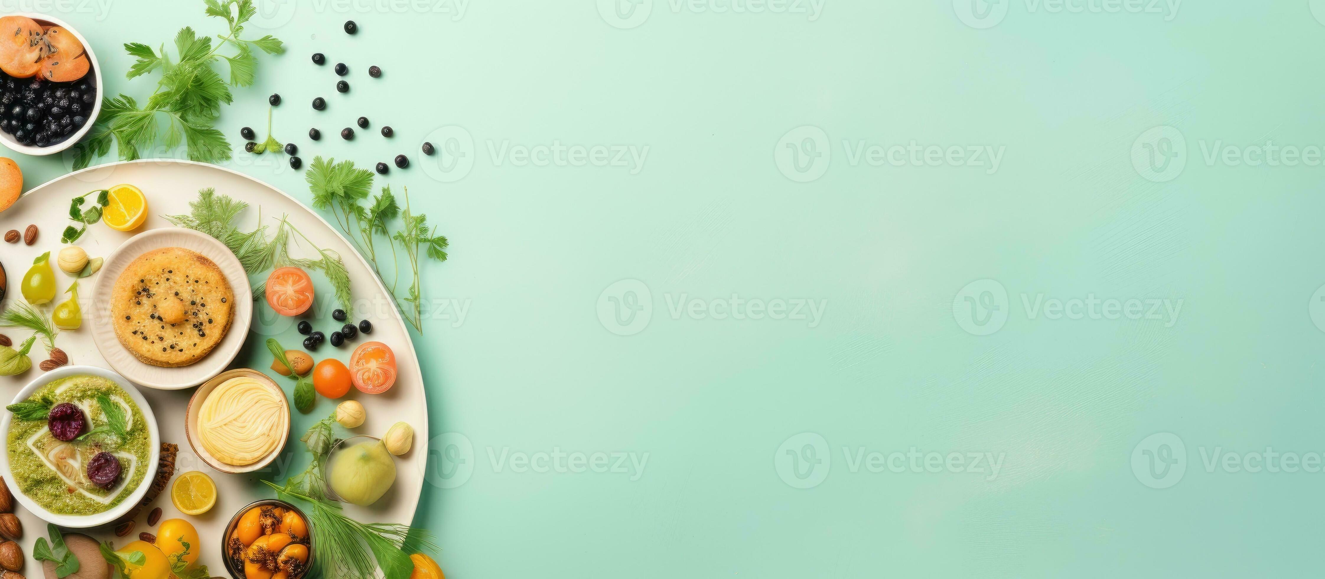 Photo of a delicious meal on a vibrant blue background with plenty of empty space for text or ...