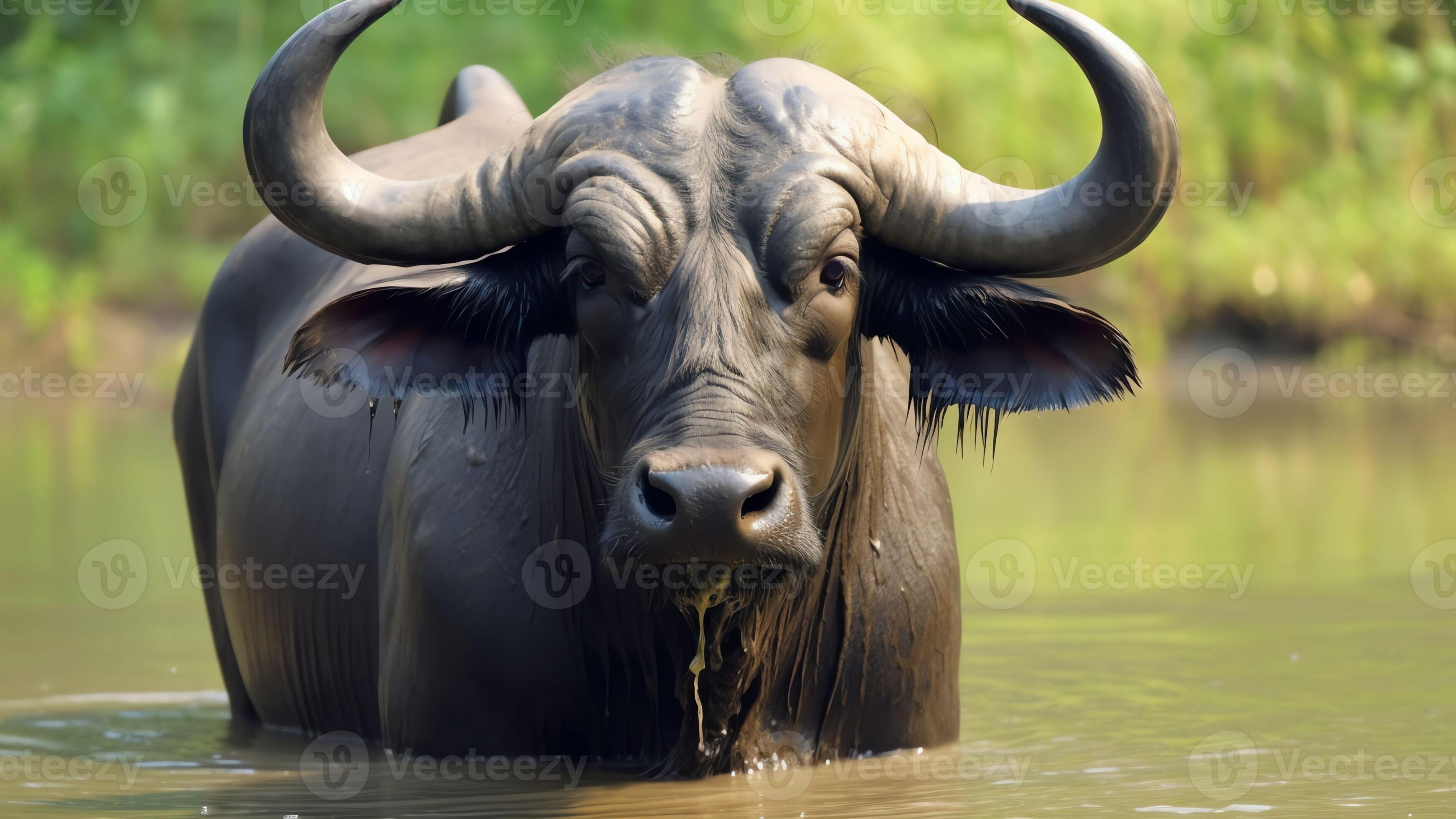 AI Generative Closeup of domesticated water buffalo bubalus bubalis cattle livestock head ...