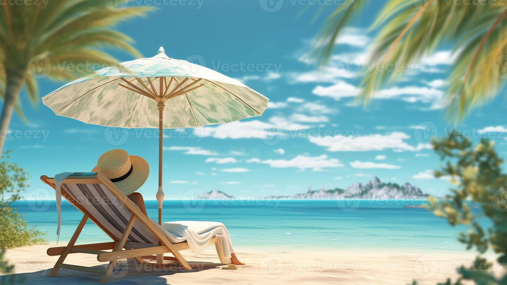 Ai Generative Woman Lying On Sun Lounger Sunbathing On Tropical Beach
