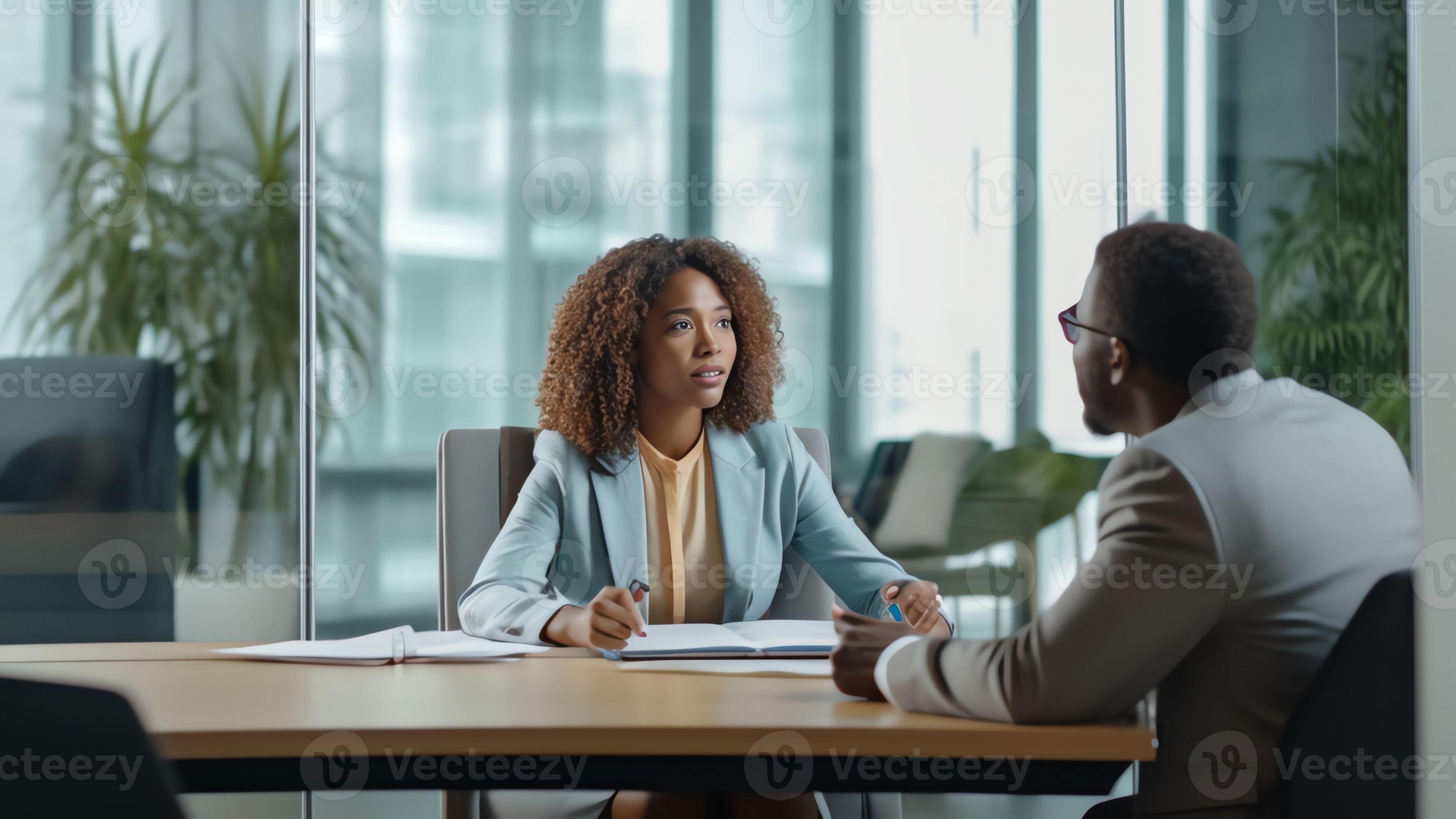 AI Generative African american boss negotiating discussing contract details with company ...