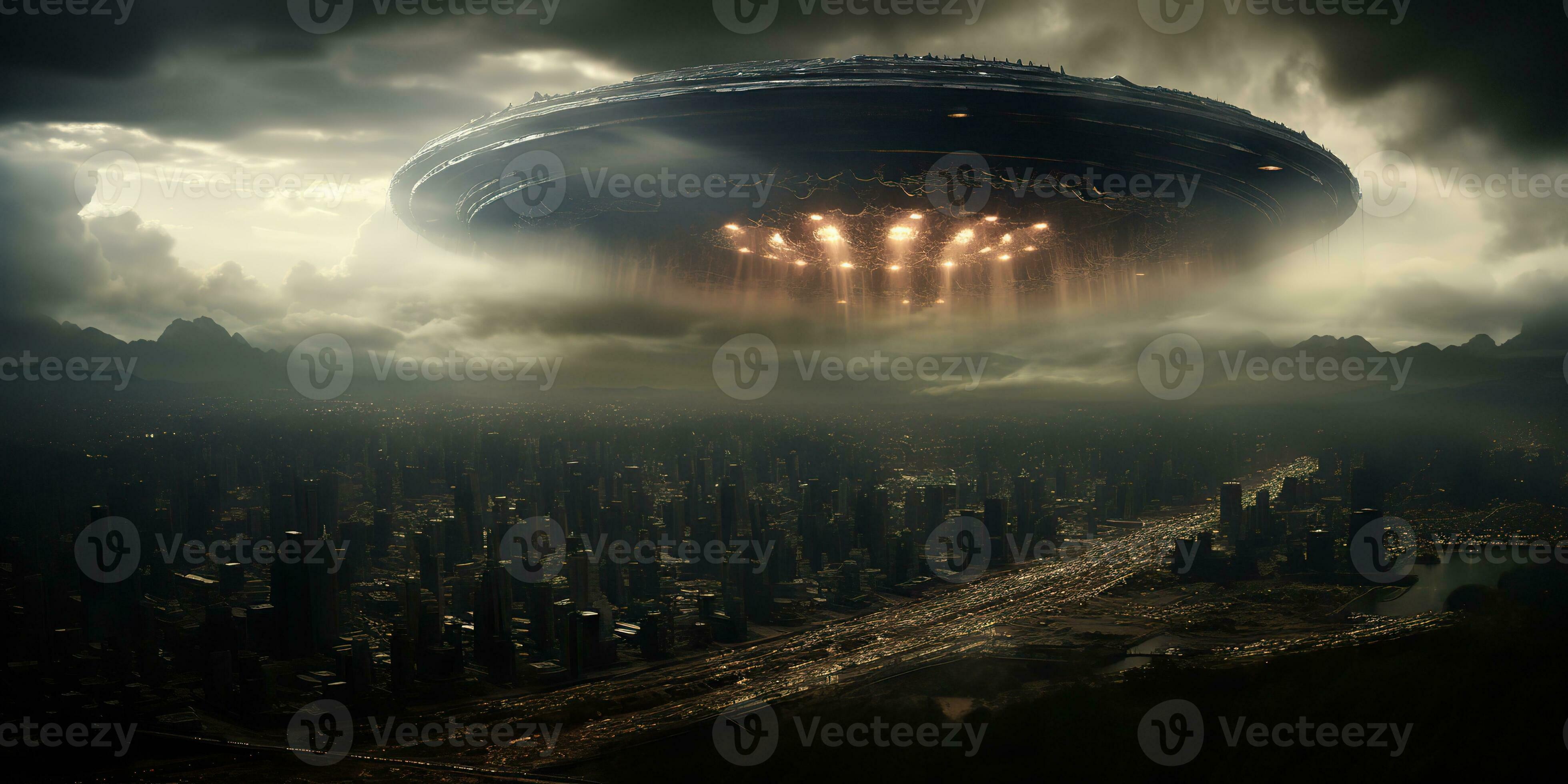 AI Generated. AI Generative. Alien spaceship mothership ufo galaxy invasion. Dark night ligh ...
