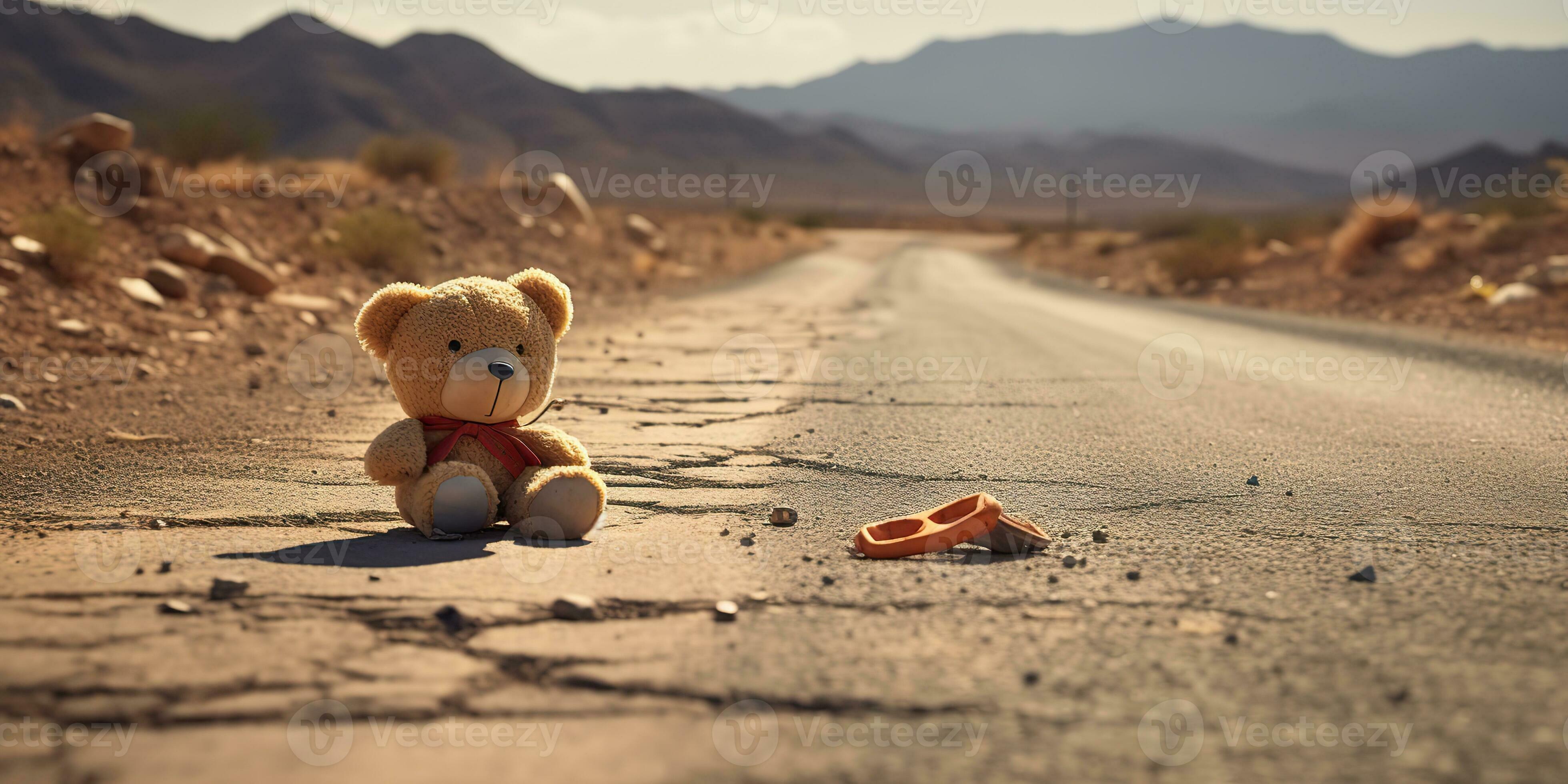AI Generated. AI Generative. Lonely broken lost bear animal toy game on the road. Sad vibe ...