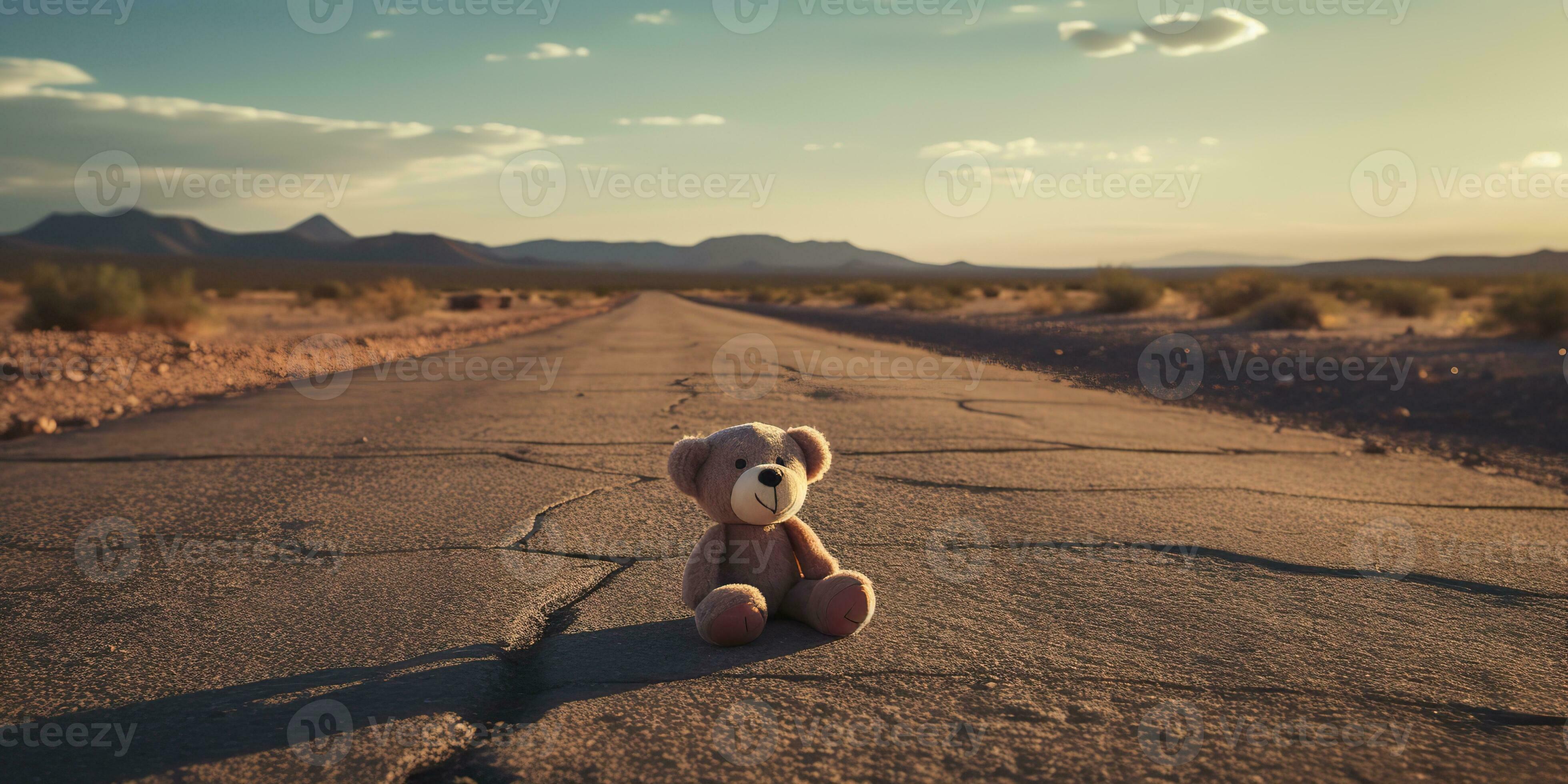 AI Generated. AI Generative. Lonely broken lost bear animal toy game on the road. Sad vibe ...