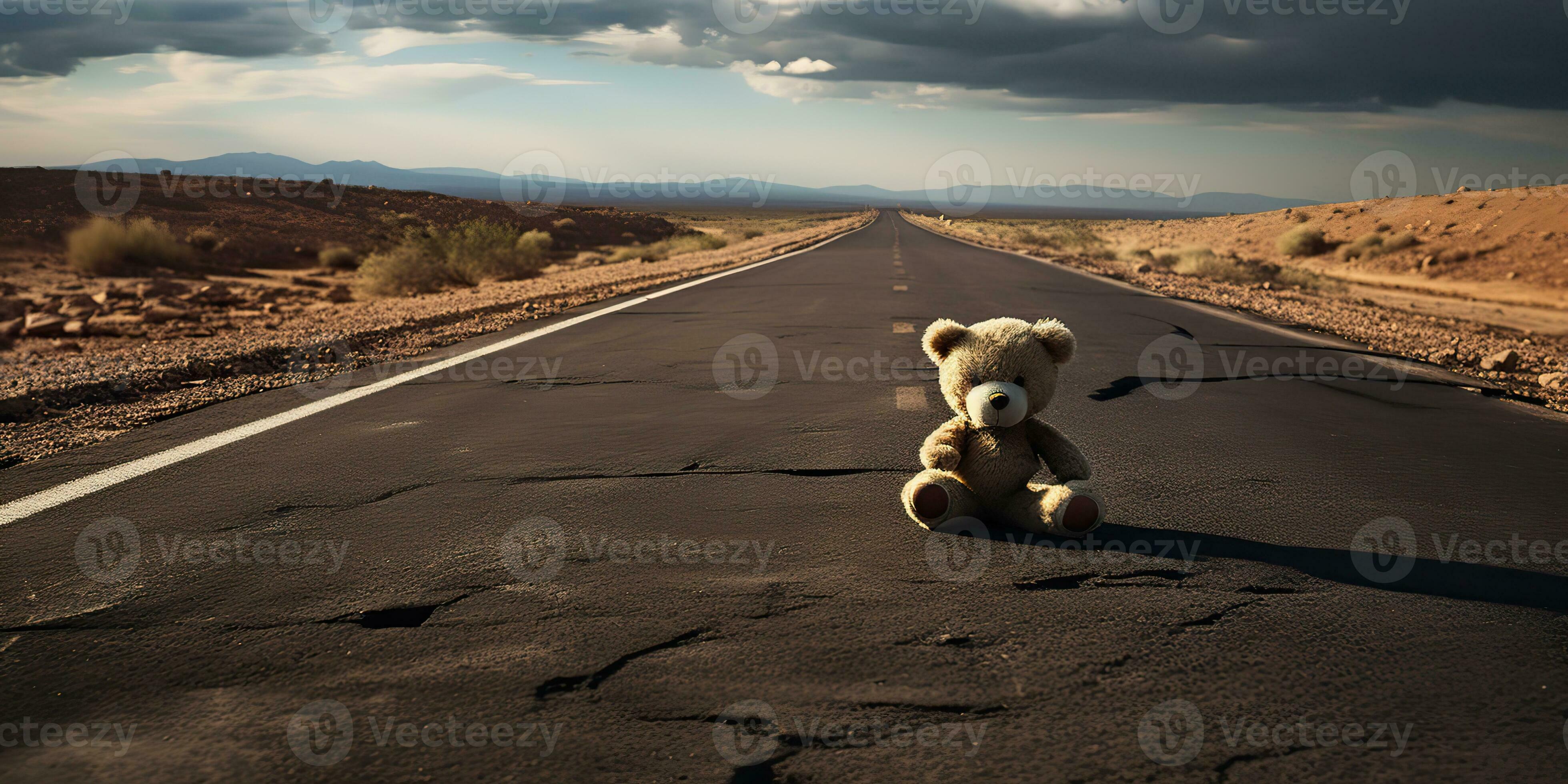 AI Generated. AI Generative. Lonely broken lost bear animal toy game on the road. Sad vibe ...
