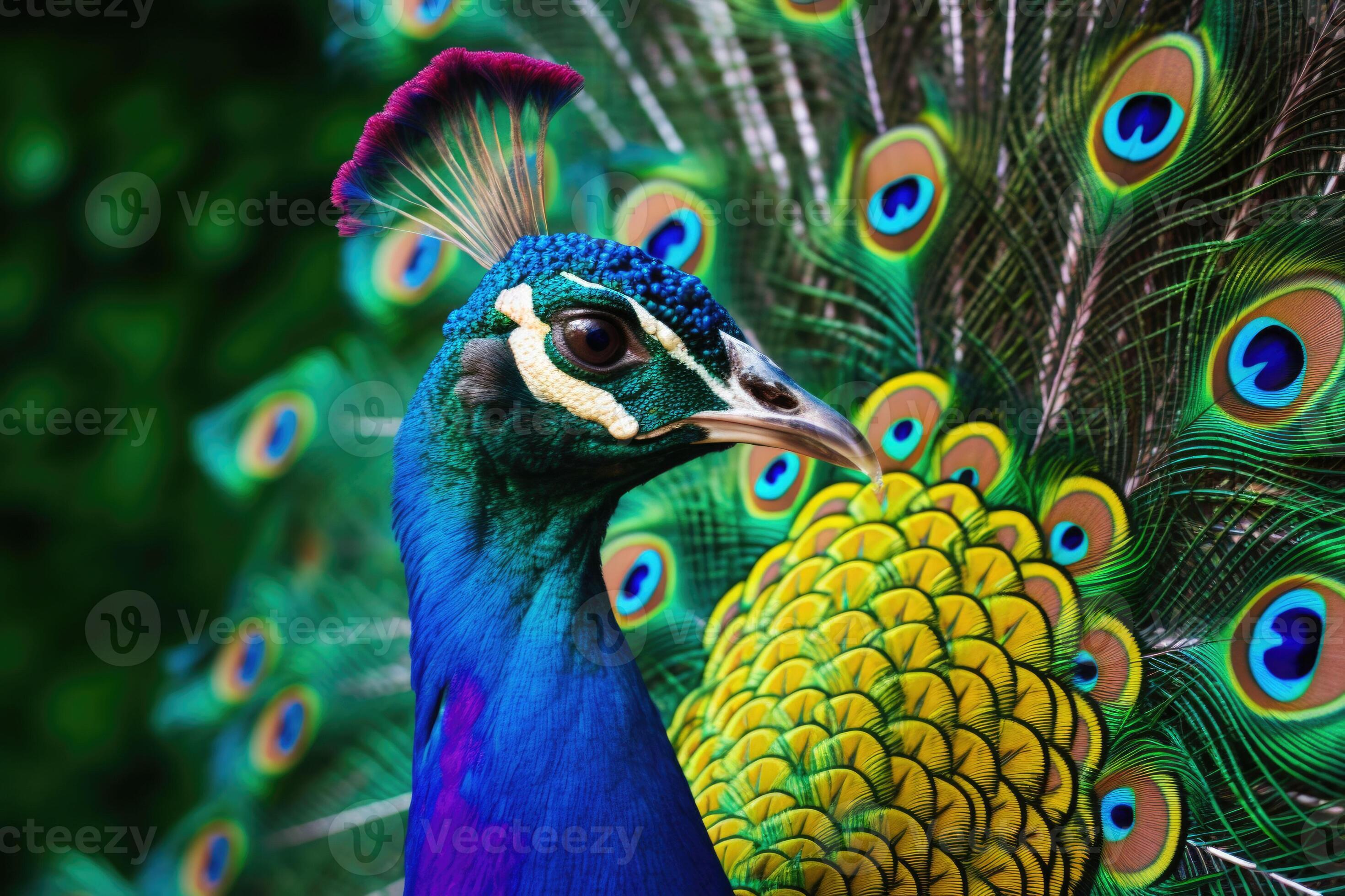 Peacock With Open Tail Close Up Shot Of A Peacocks Colorful Plumage