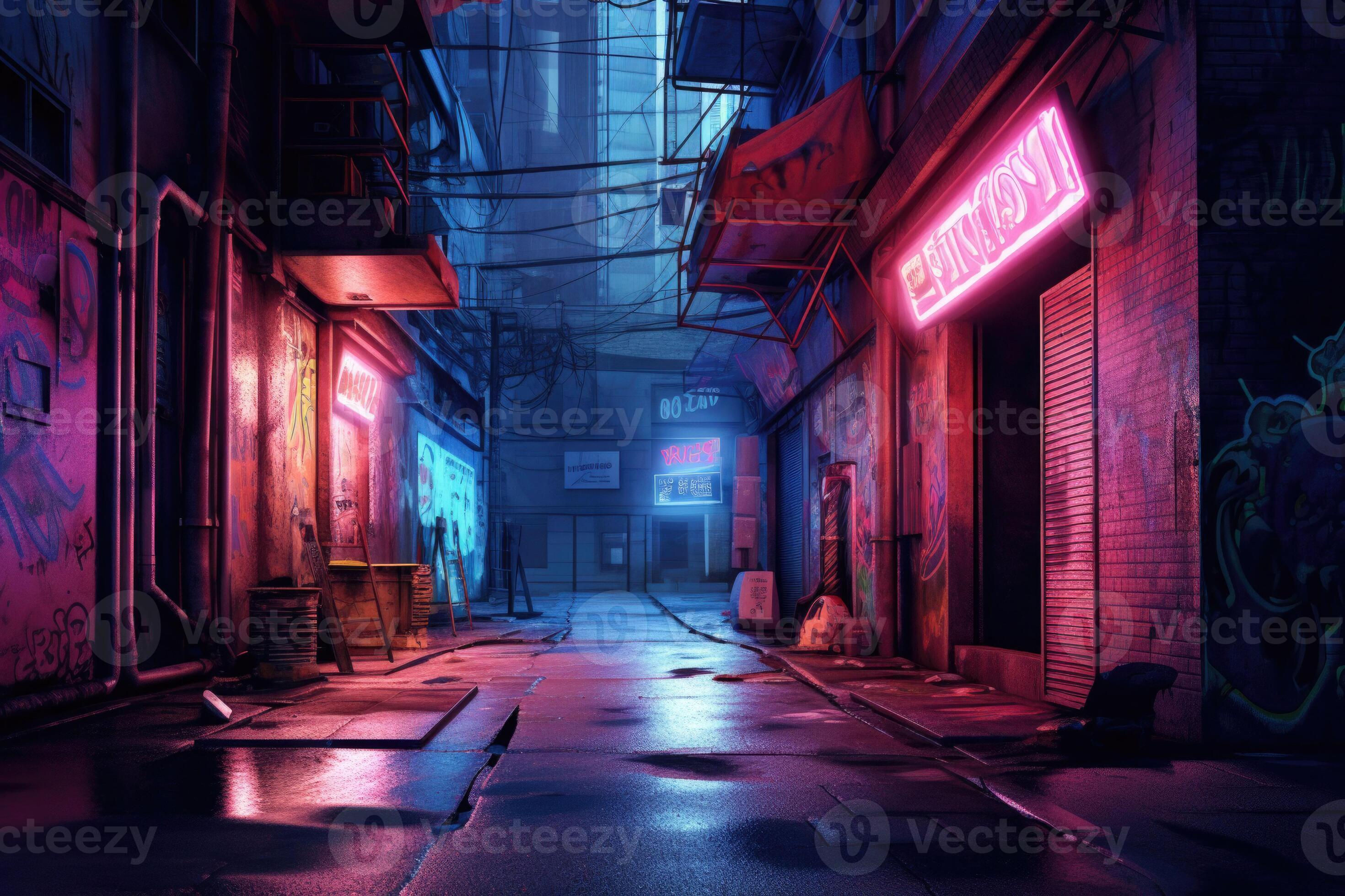 City alleyway with neon lights. Night view of a quiet street. 26915385 ... City alleyway with neon lights. Night view of a quiet street. 26915385 ...