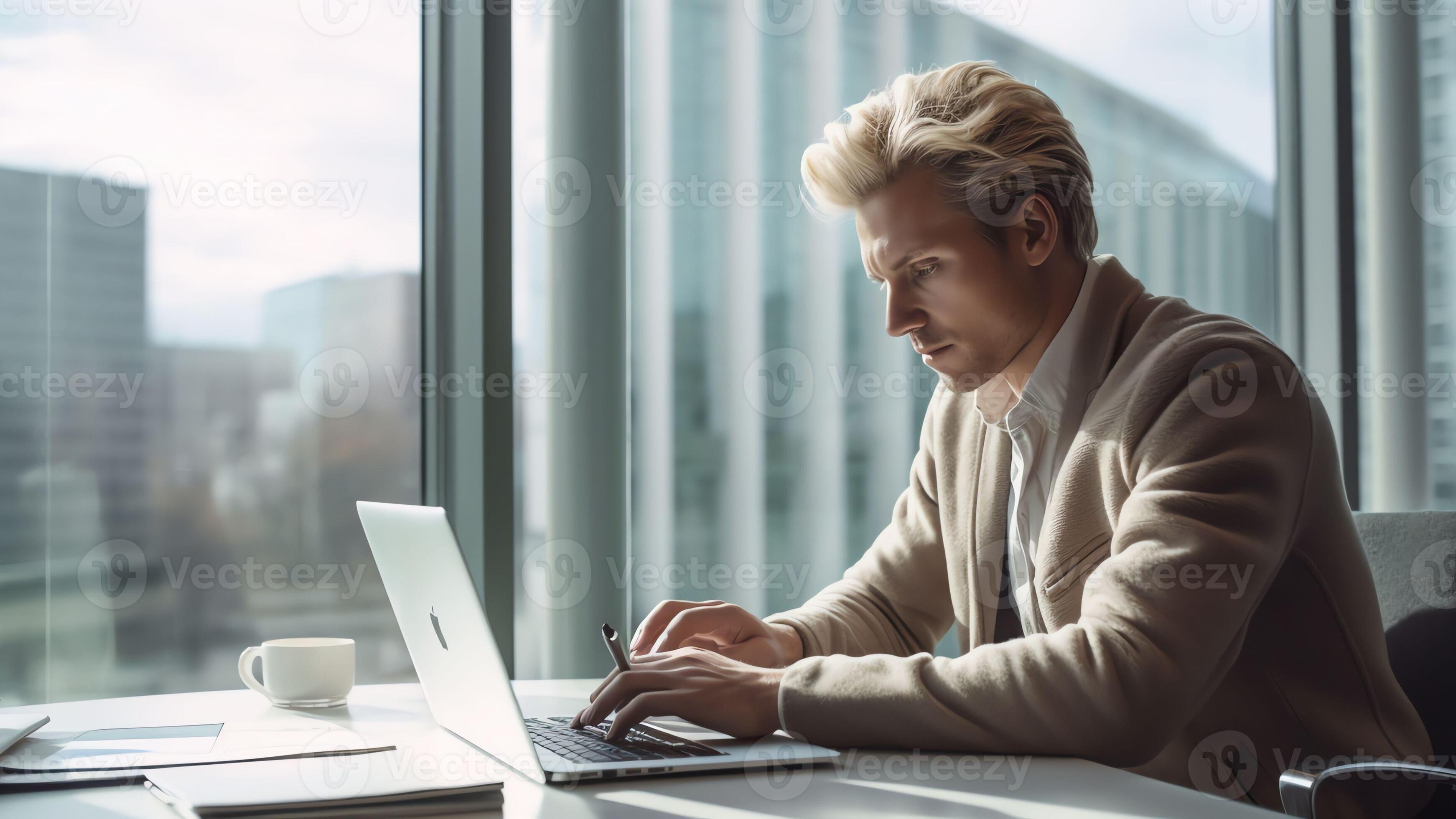 AI Generative Concentrated millennial man write message on laptop keyboard at desk near ...