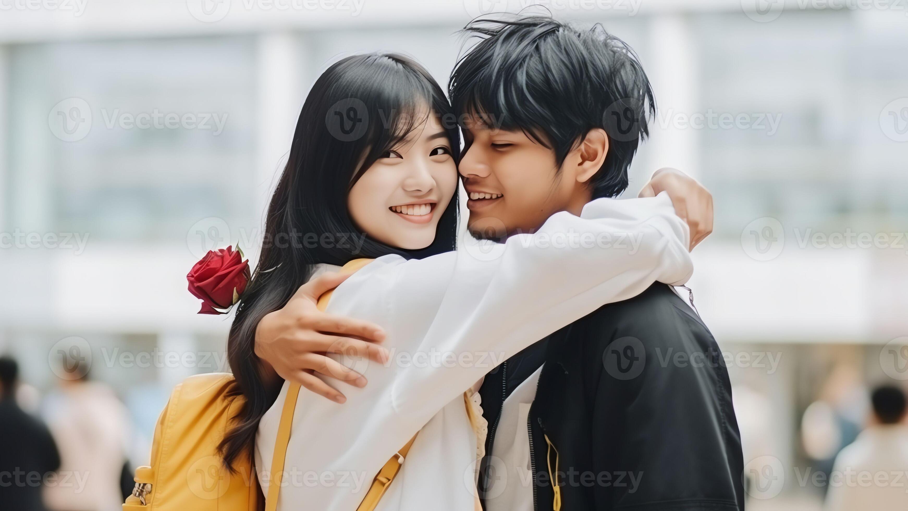 ai generativo simpático abrazo concepto sonriente milenario hombre y mujer abrazando alegre a ...