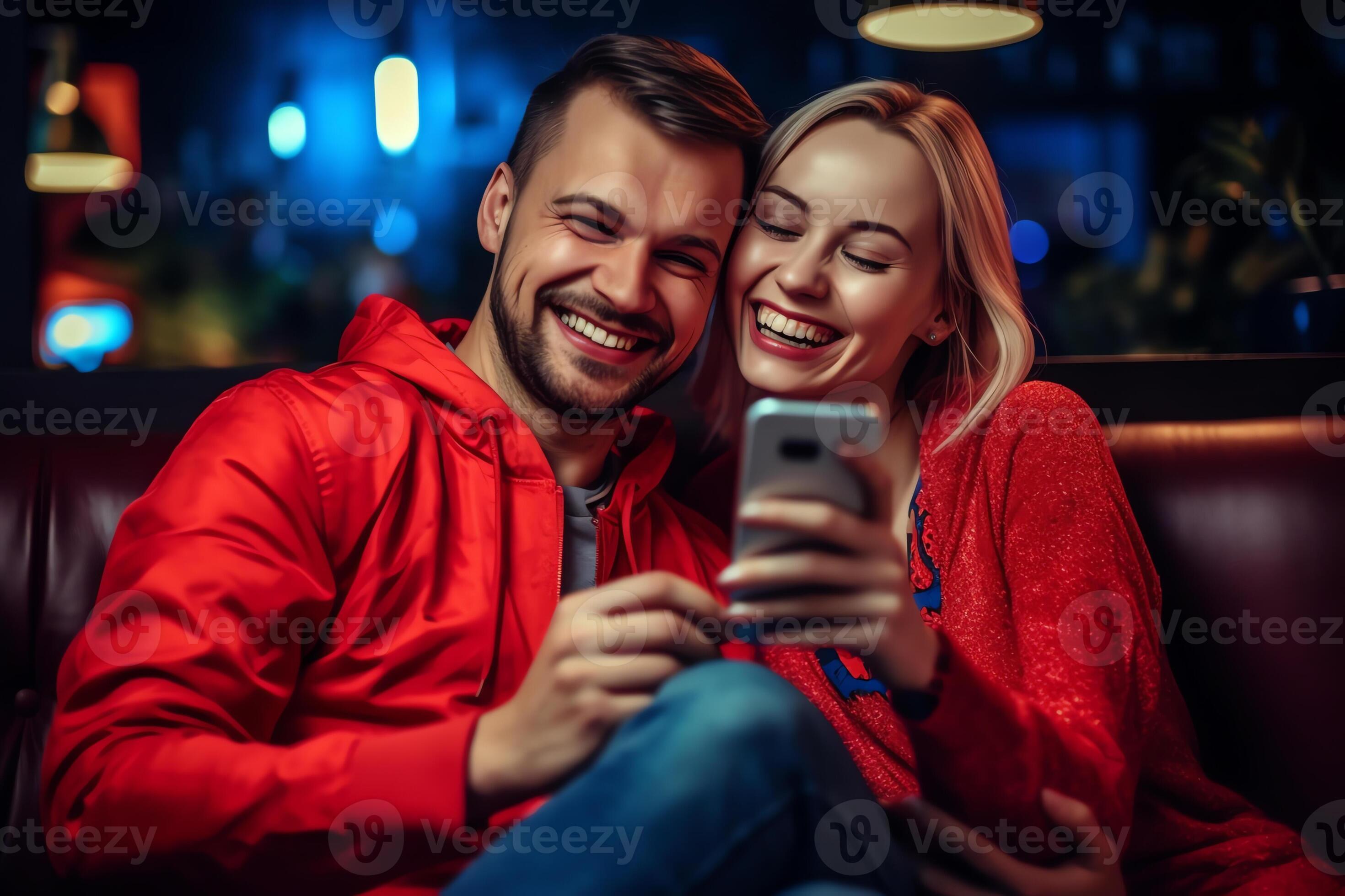 Ai Generative Happy Young Couple Using Smartphones Together Smiling Beautiful Wife And Husband 6366